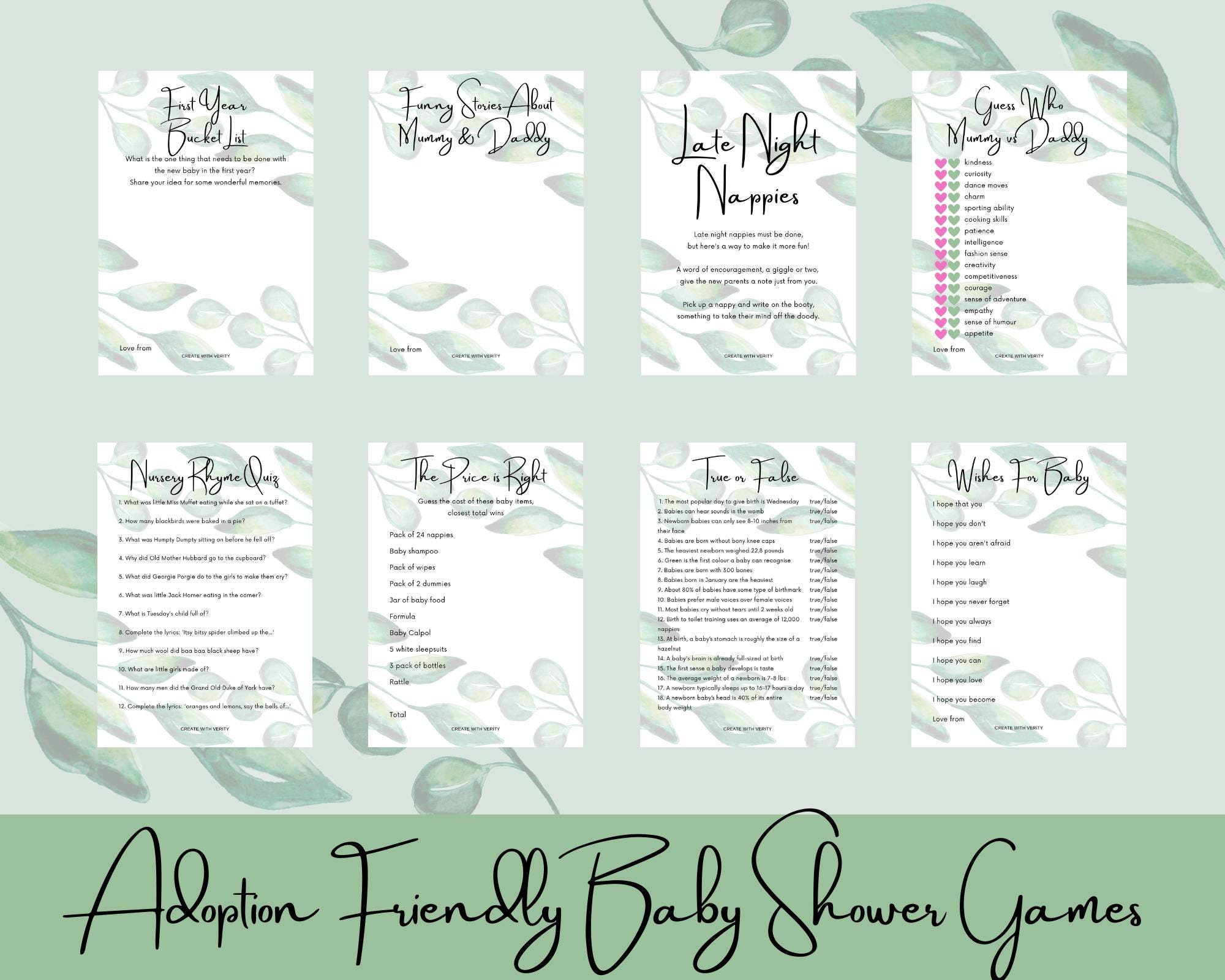 Adoption-friendly Baby Shower Games Bundle: Digital Download With Green ...