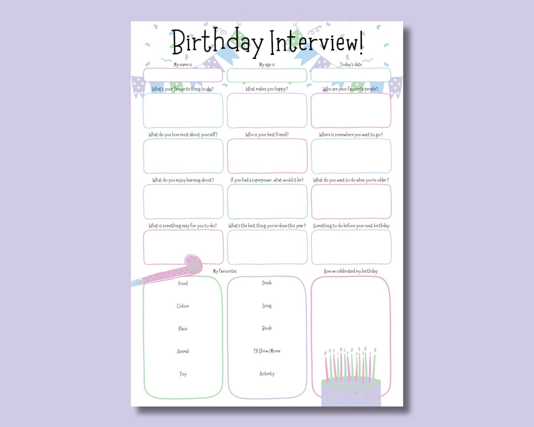 Kids Birthday Interview Pastel Party Printable Fun Questionnaire ...