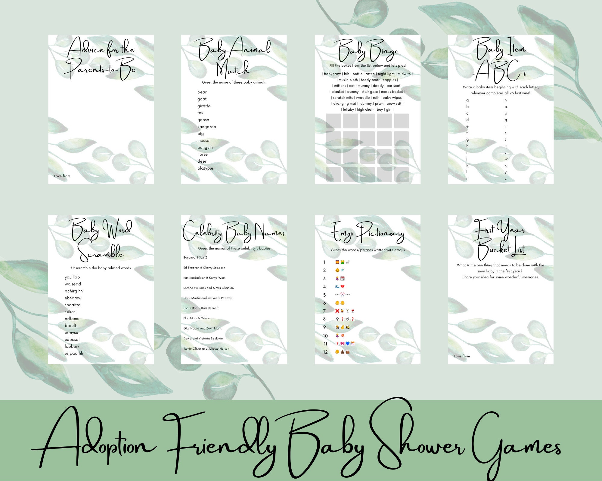 Adoption-friendly Baby Shower Games Bundle: Digital Download With Green ...