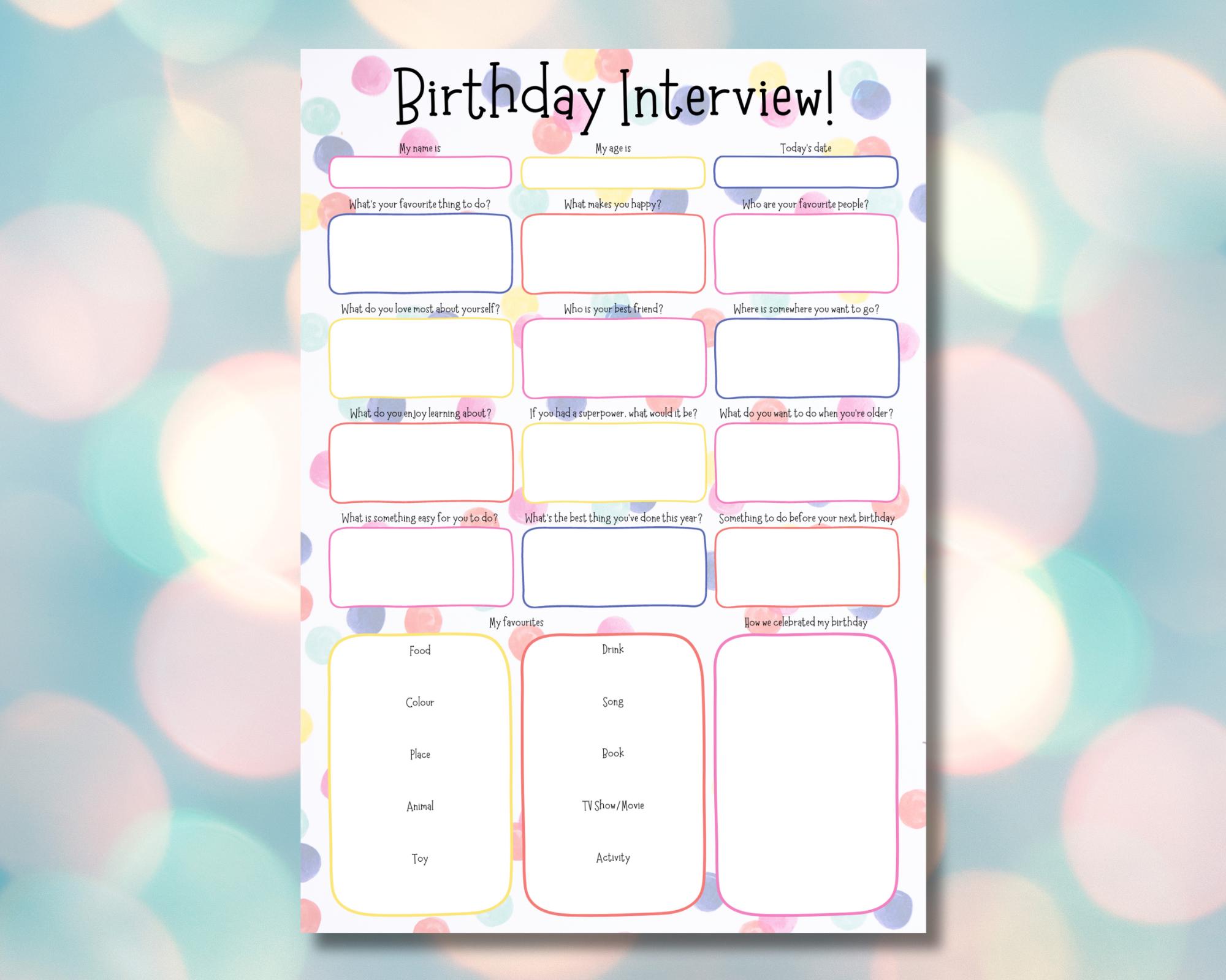 Annual Birthday Interview Kids Birthday Questionnaire Printable ...