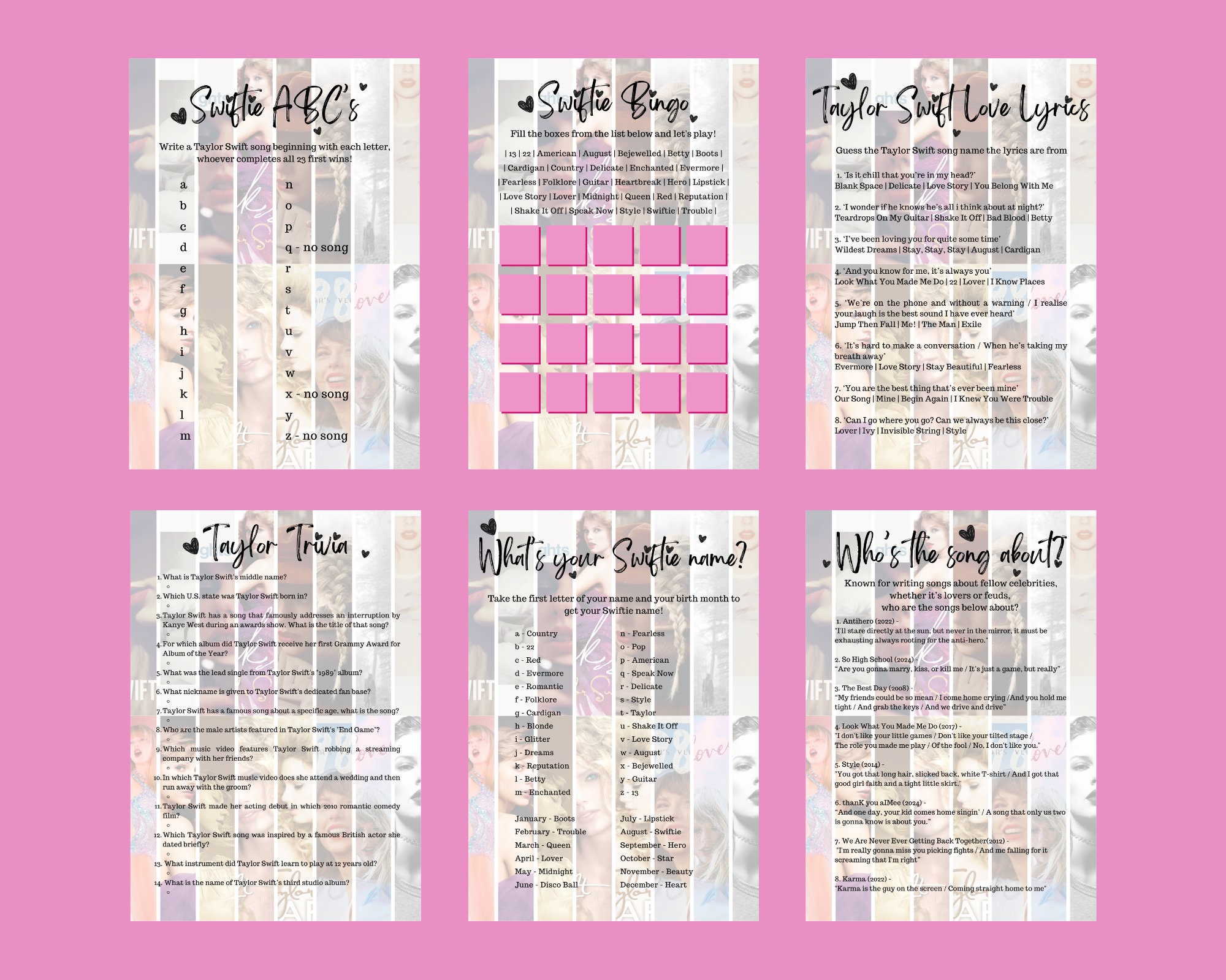 Taylor Swift Party Games Pack | Printable Swiftie Games, Taylor Trivia ...