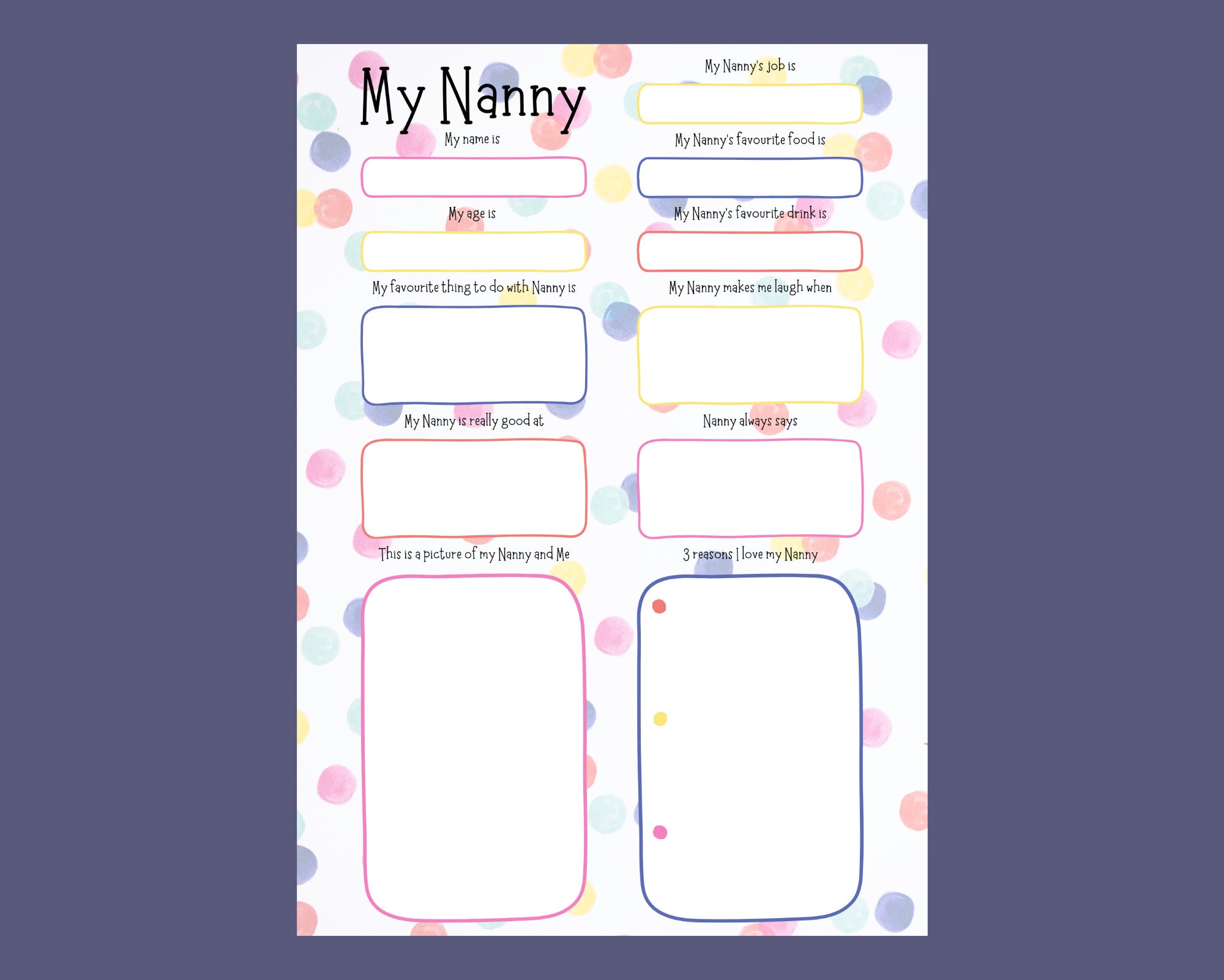 All About My Nanny Questionnaire | Personalised Birthday Card Keepsake ...
