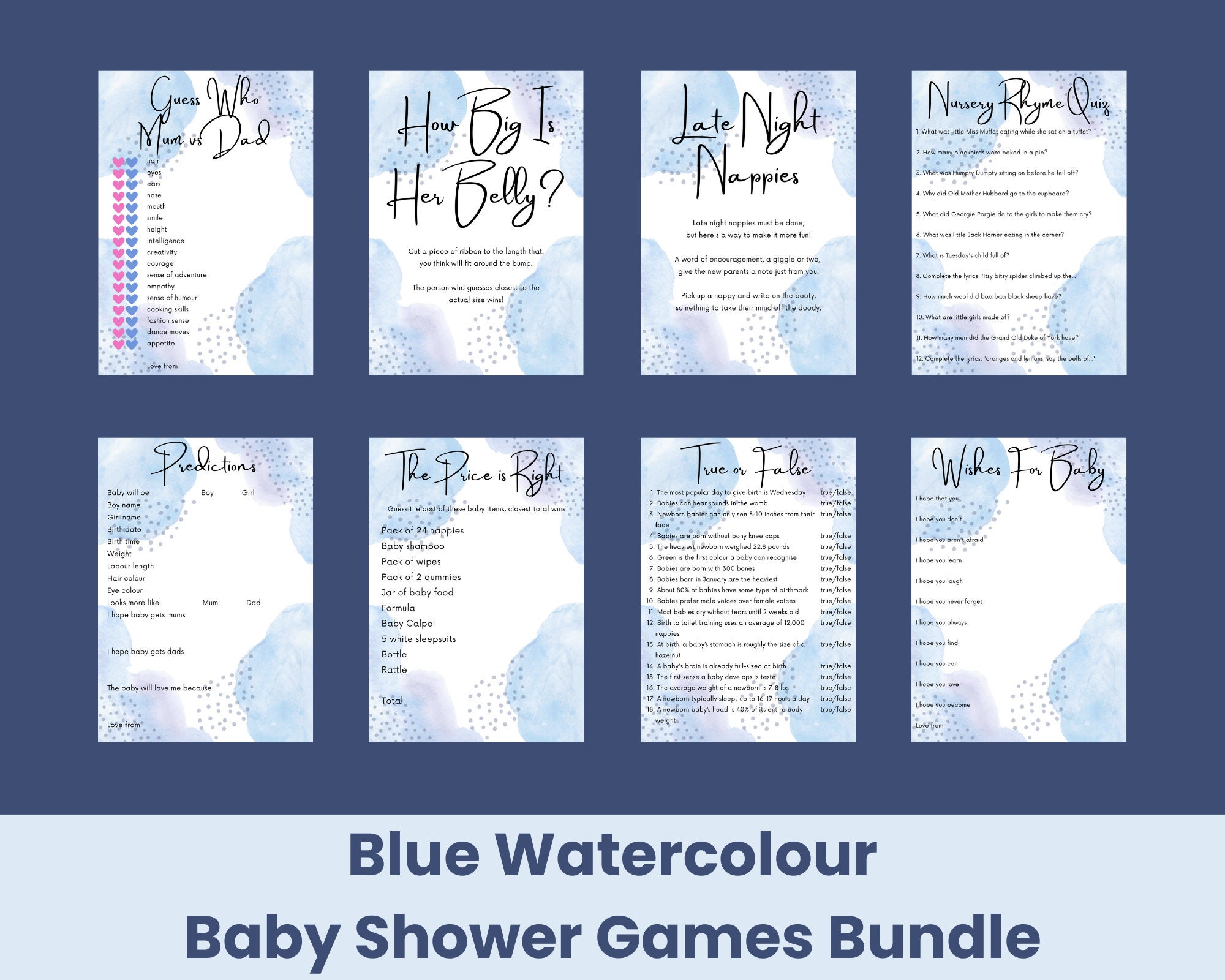 Blue Watercolour Baby Shower Games Bundle - Printable Games Package ...