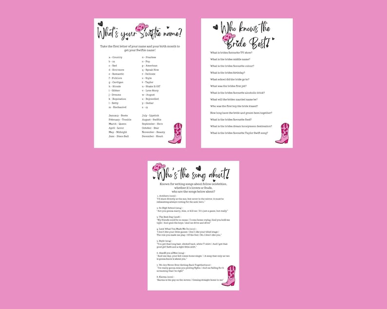 Taylor Swift Hen Do Party Games Pack | Pink Bridal Shower Fun | Swiftie ...