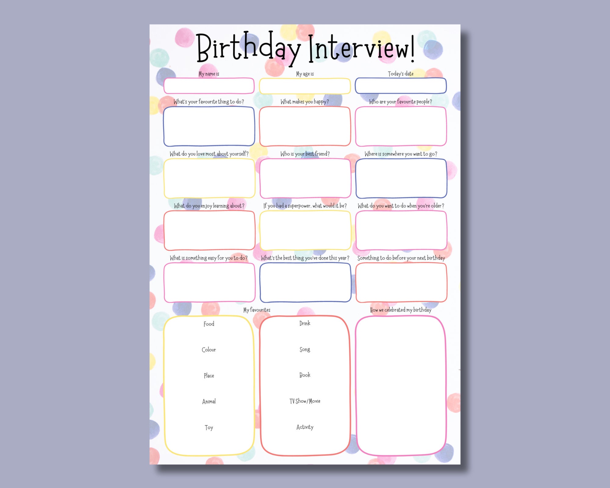 Annual Birthday Interview Kids Birthday Questionnaire Printable ...
