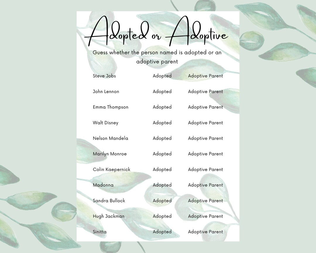 Adopted or Adoptive Quiz: Adoption-friendly Baby Shower Game. Digital Download. Green and White ...