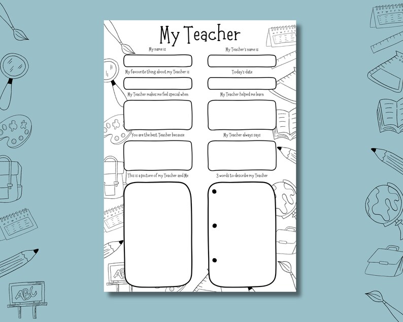 All About My Teacher Printable Kids Fill Out PDF Instant Digital ...