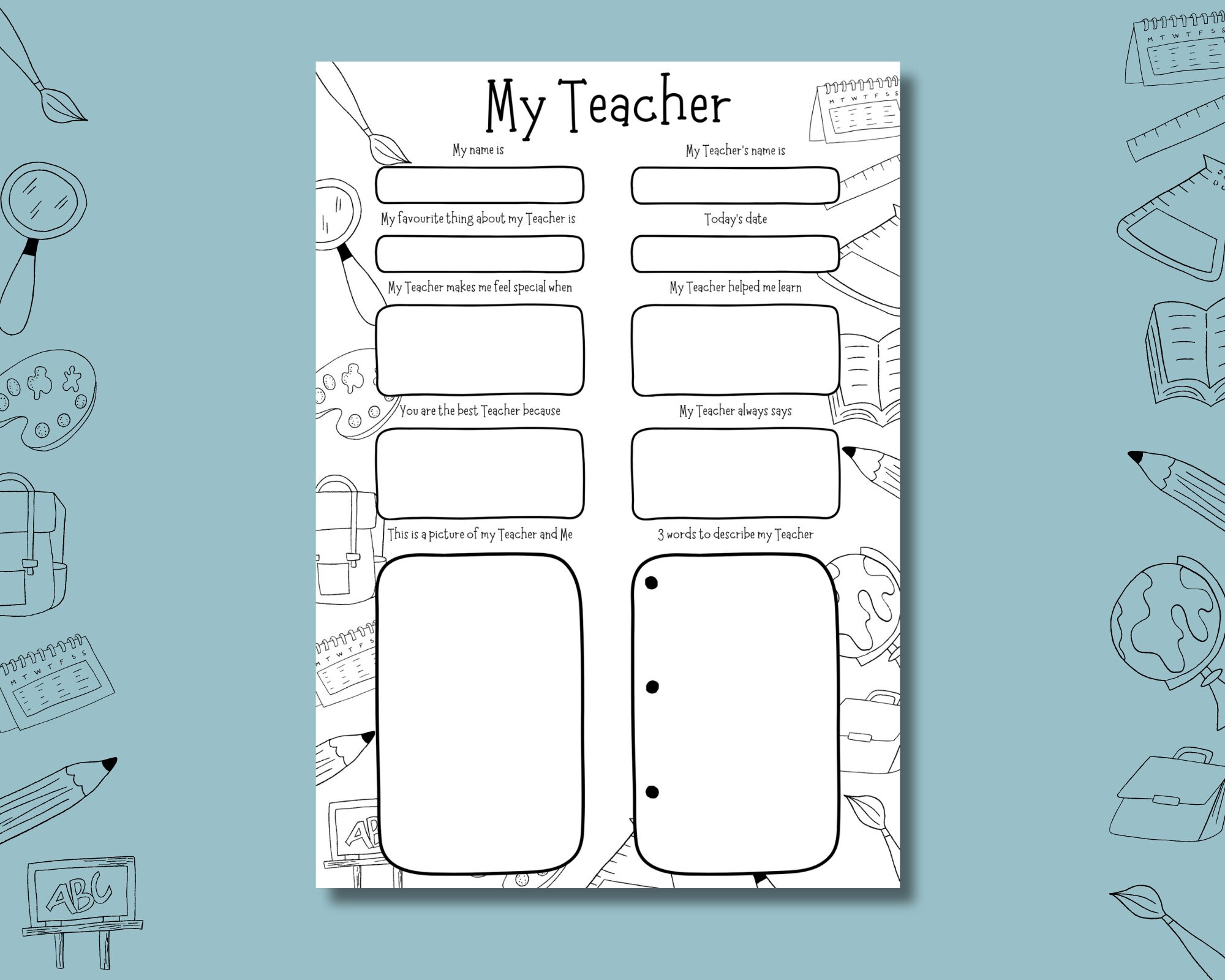 All About My Teacher Printable Kids Fill Out PDF Instant Digital ...