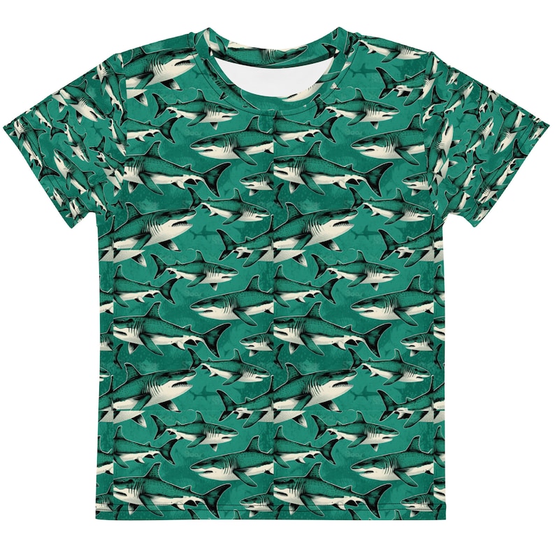 Shark Frenzy: Kids Allover Shark Design Crew Neck T-shirt - Etsy