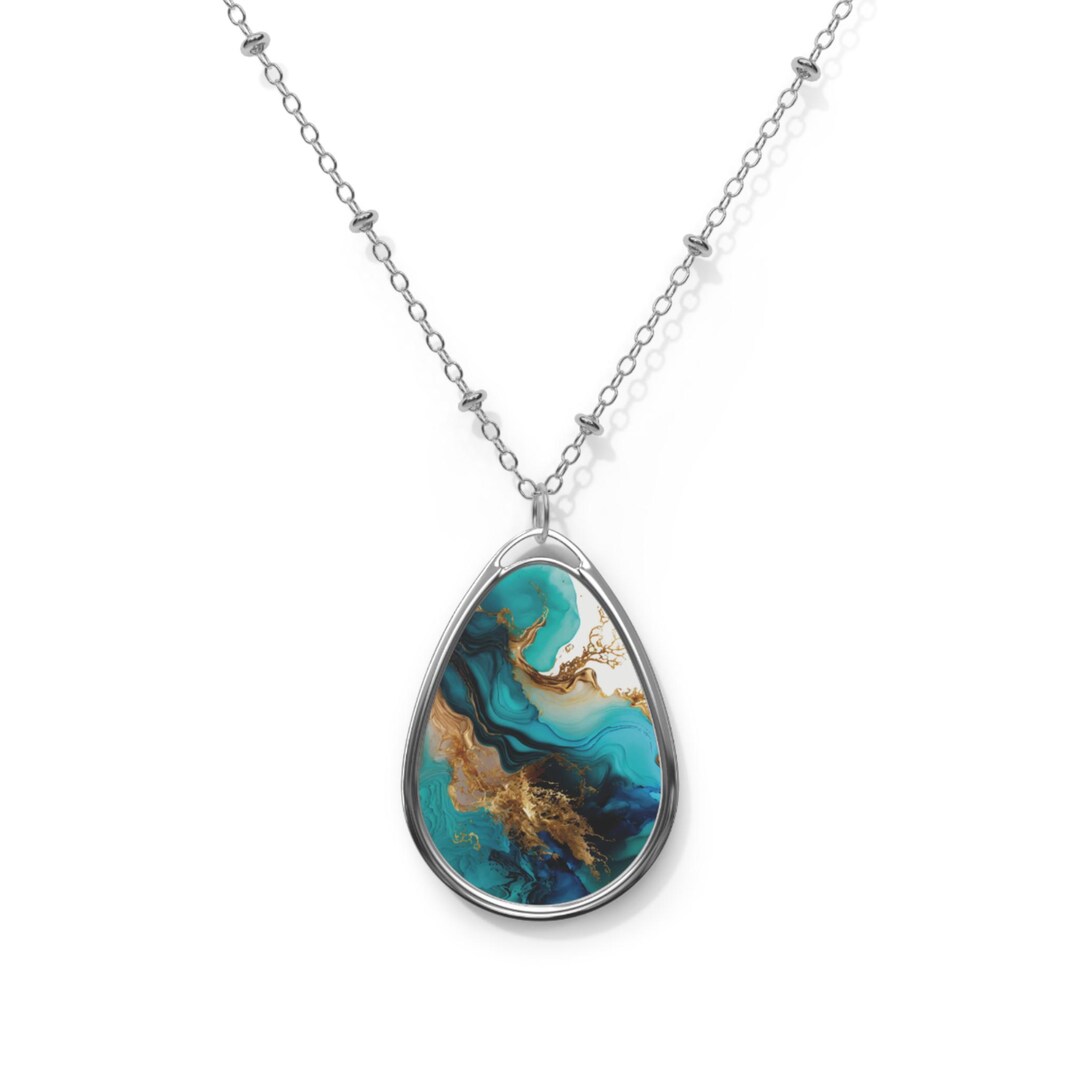 Oval Necklace, Cyan Mint Liquid Marble Watercolor With Gold Lines ...