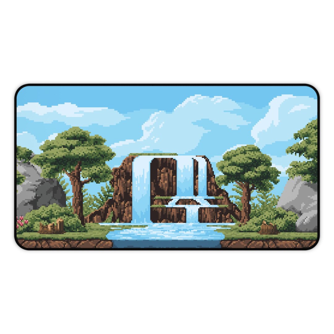 8 Bit Pixel Landscape Desk Mat, Keyboard Mat Mountain Waterfall Design ...