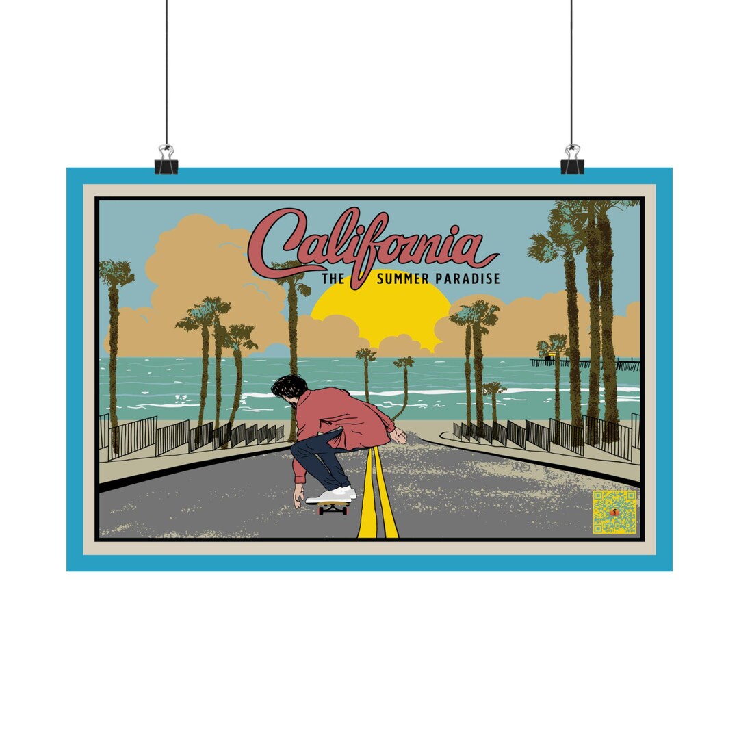 California AR Art Print | Animated Skateboard Beach Scene | Vintage ...