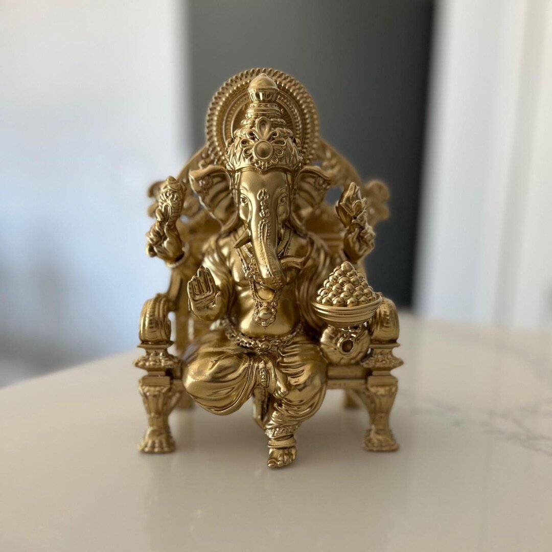 Large Gold Ganesh Statue 7.5 Tall Ganesha Sitting in a Chair, Throne ...