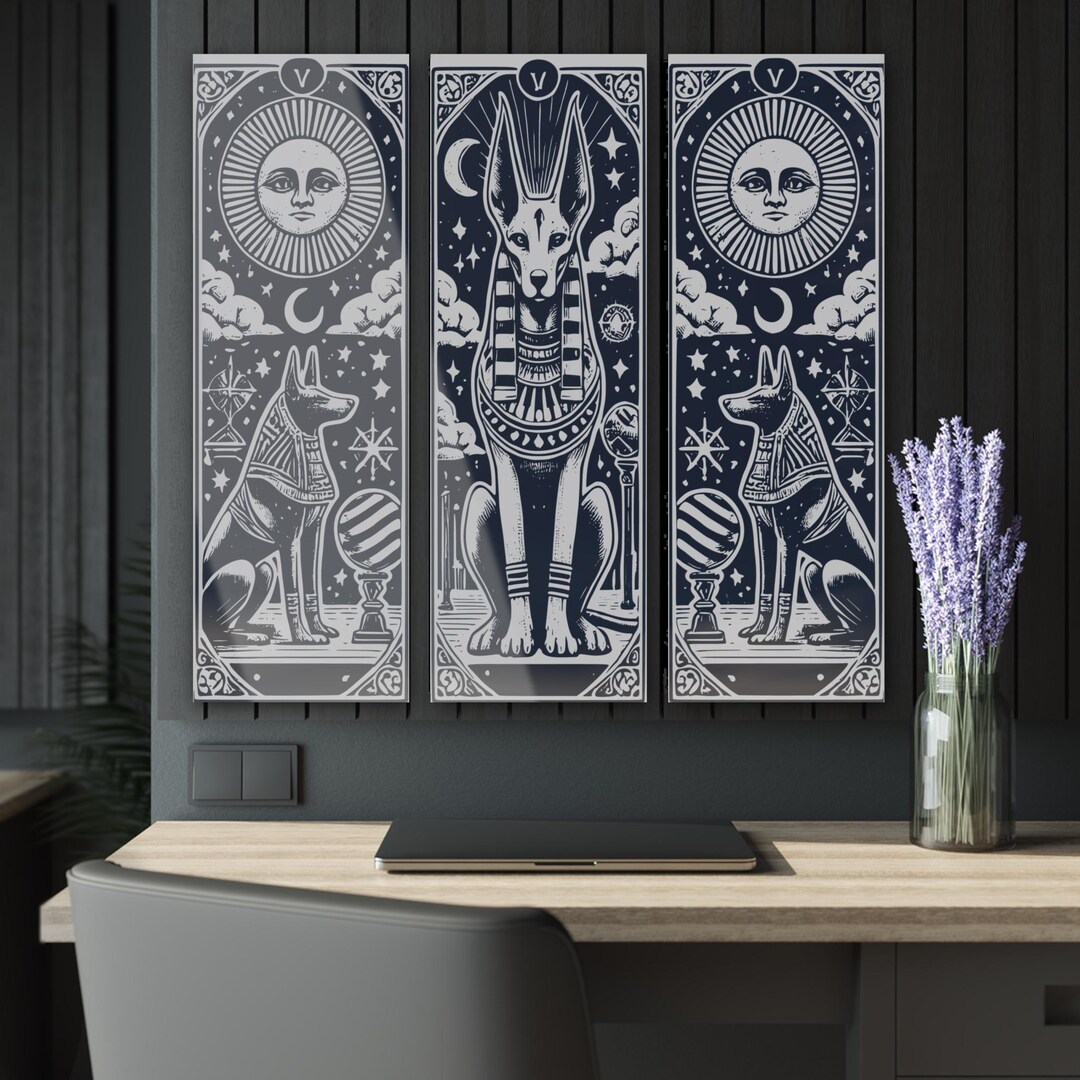 Egyptian Jackal Tarot Triptych Acrylic Prints | Anubis Moon Panel Wall ...