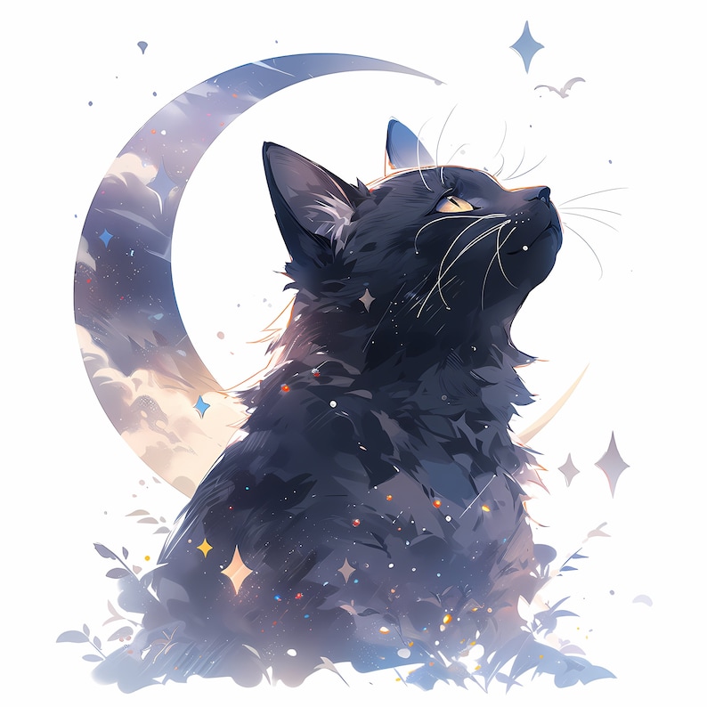 Moon Night Cat Clipart Bundle 80+ PNG Bundle, Kitten Clipart, Cute Cat ...