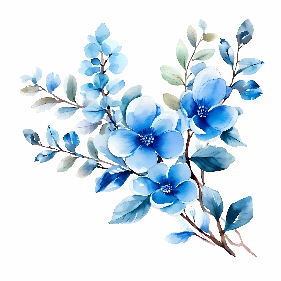 Watercolor Blue Floral Clipart 50 PNG Bundle, Wedding Clipart ...