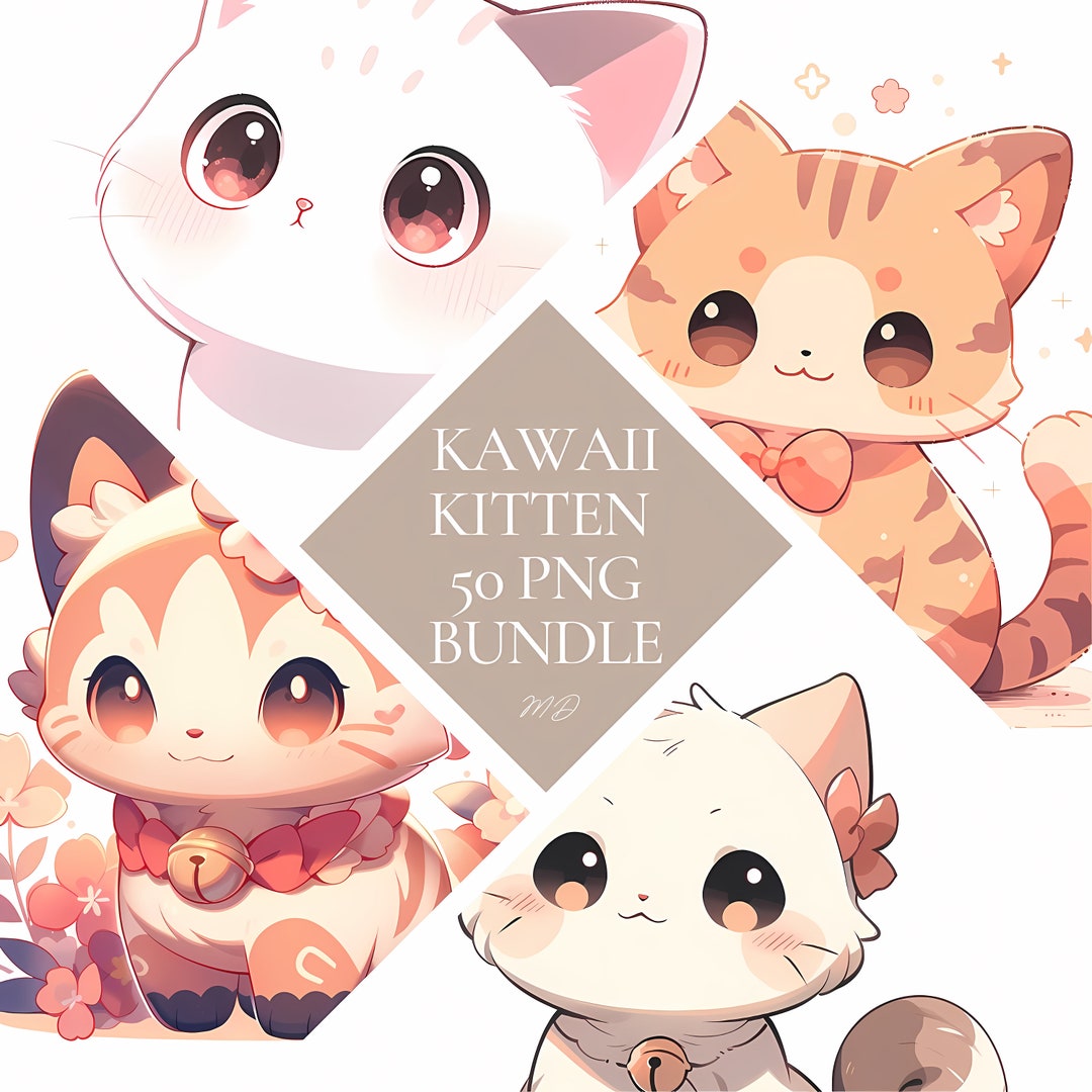 Kawaii Kitten Cat Clipart 50 PNG Bundle, Kitten Clipart Sticker, Cute ...