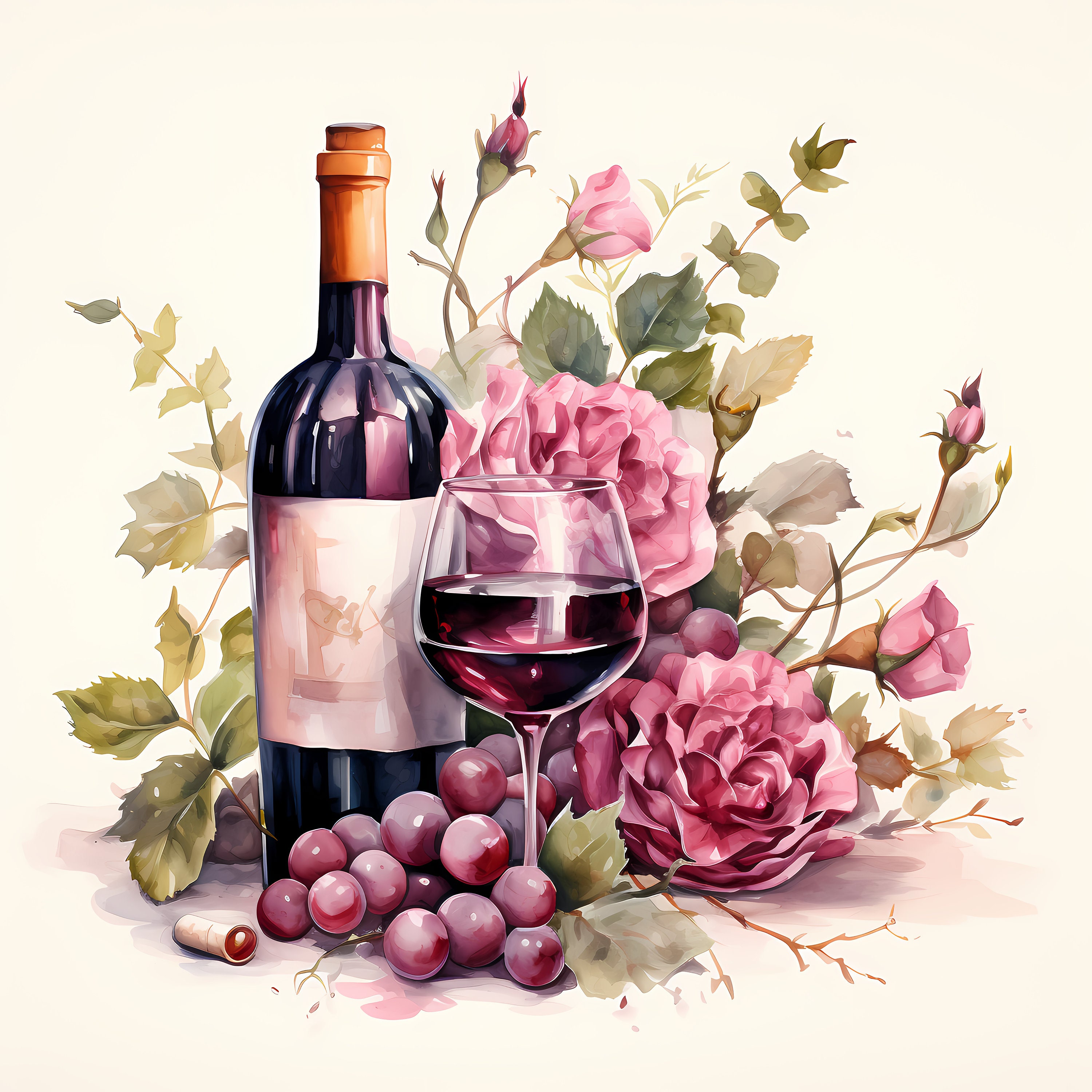 Watercolor Rose Wine 55 Digital PNG Clipart Bundle, Watercolor White ...