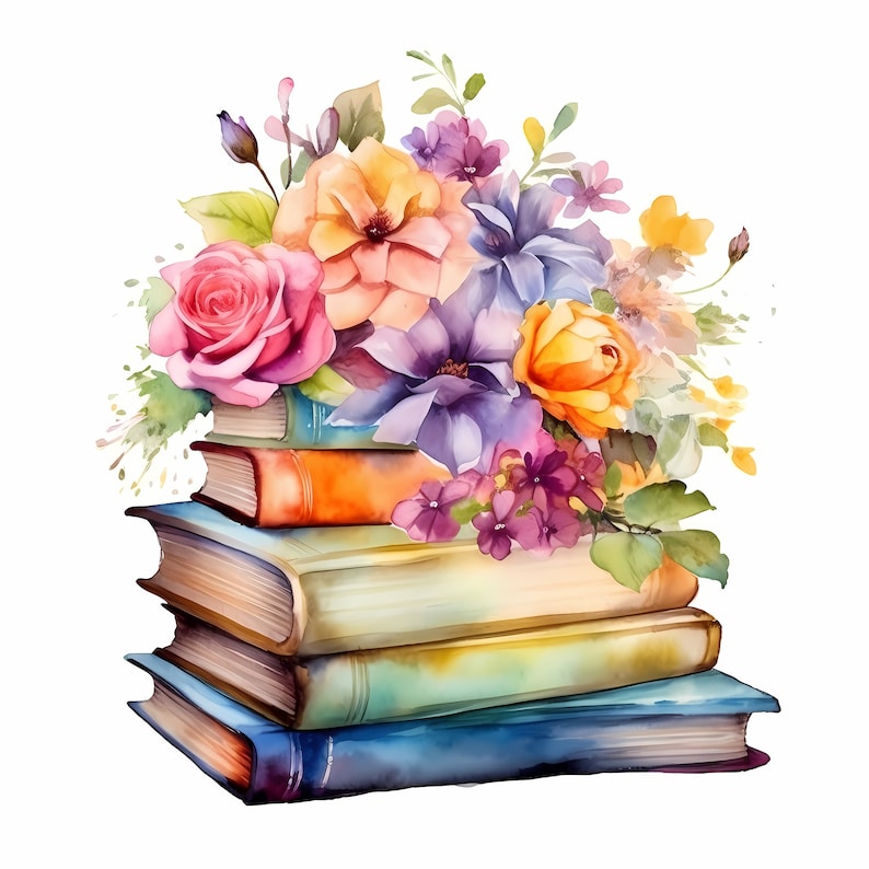 Watercolor Flowers Bookstacks 50+ PNG Clipart Bundle Floral Book ...