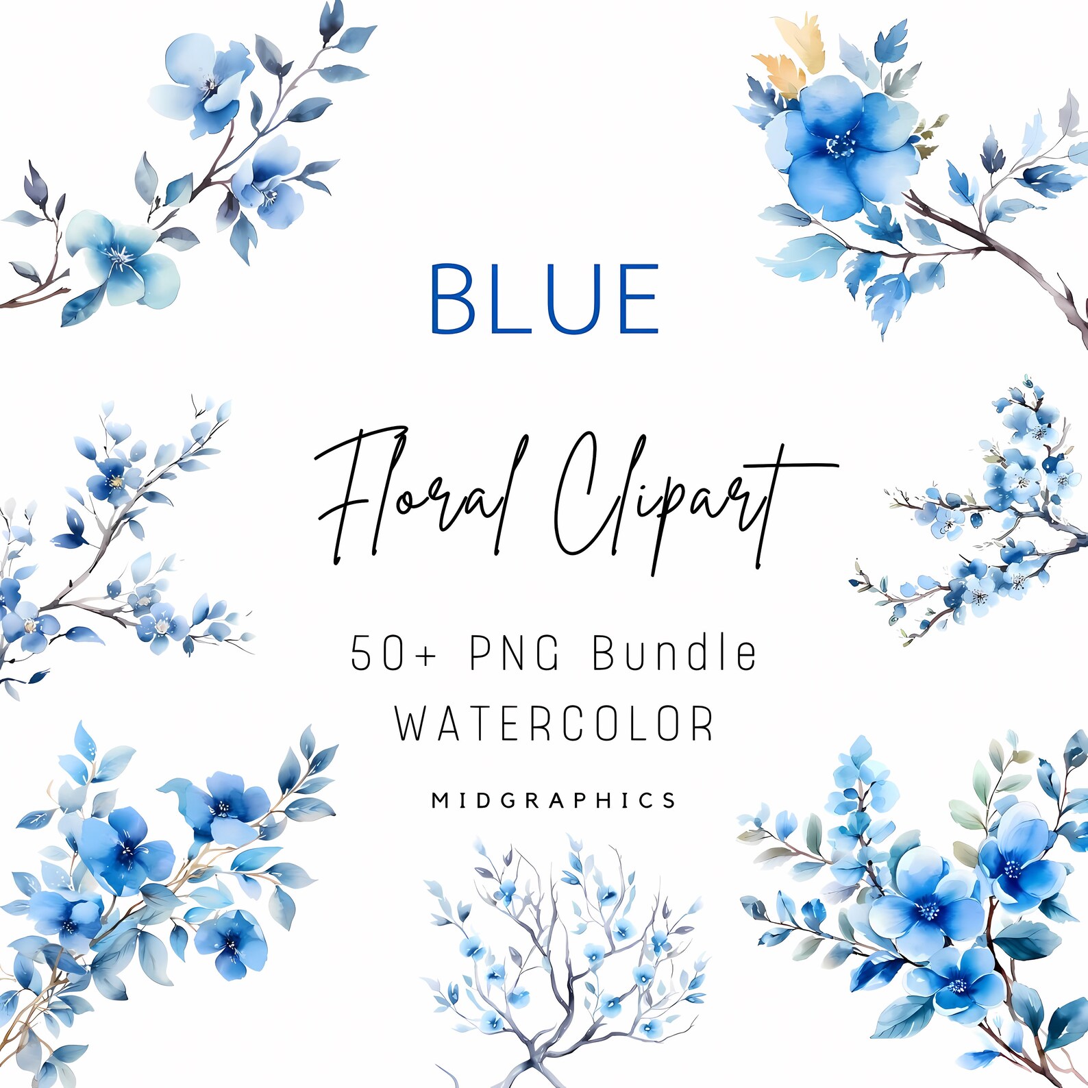 Watercolor Blue Floral Clipart 50+ PNG Bundle, Wedding Clipart ...