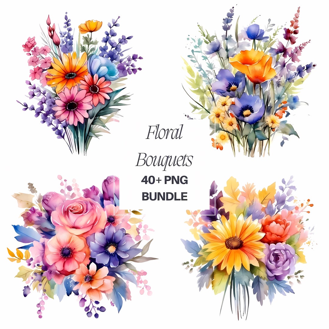 Watercolor Bouquet Floral Clipart 40+ PNG Bundle, Wedding Clipart ...