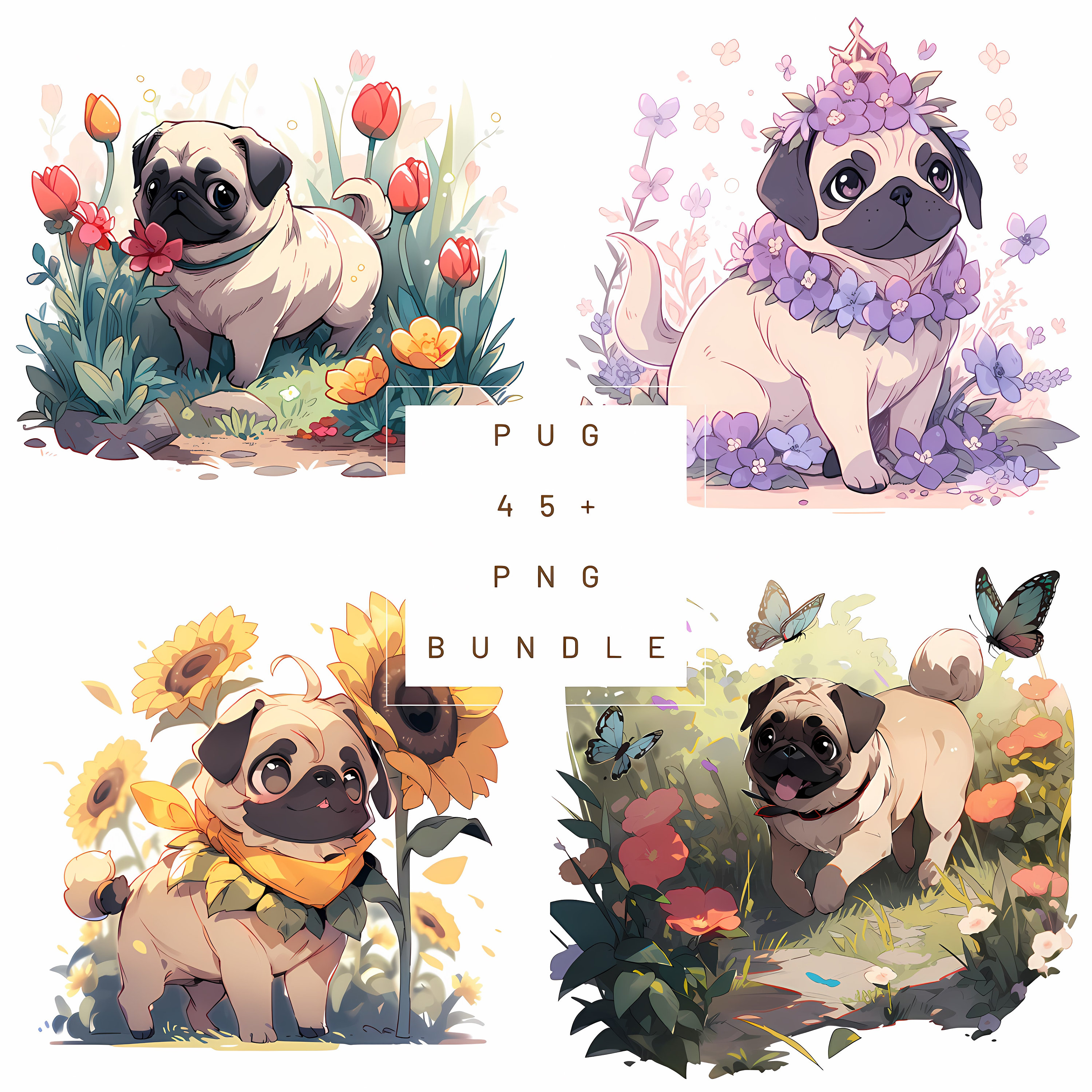 Pug Dog Clipart Bundle 45+ PNG, Pug Clipart, Floral Dog Art, Dog ...