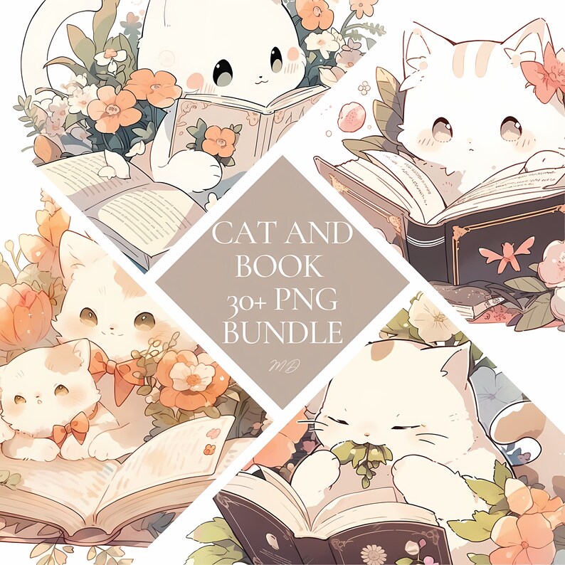 Cat Clipart Bundle Floral Clipart Book Clipart Cat Art Kitten Clipart ...