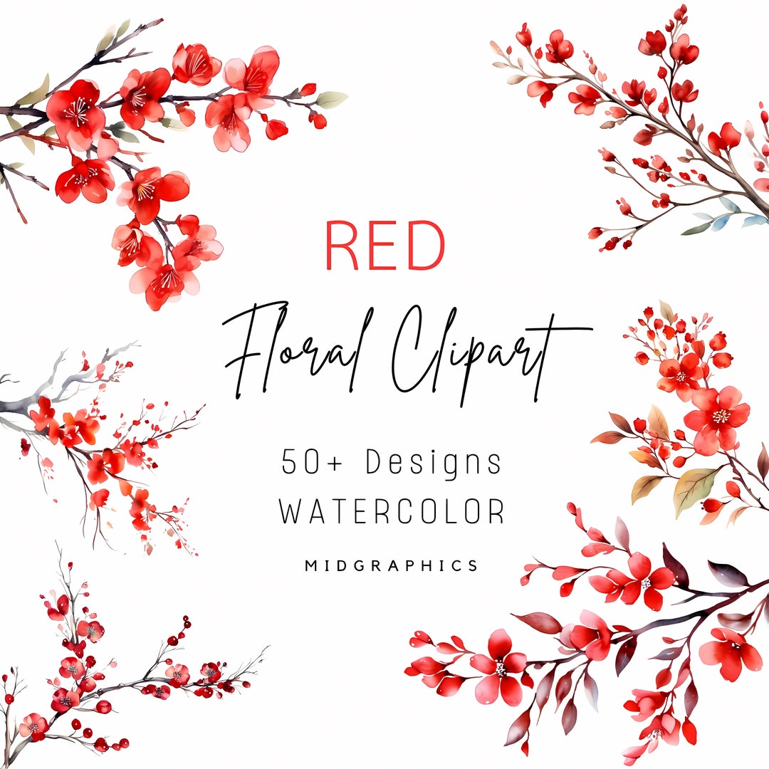 Watercolor Red Floral Clipart 50+ Images PNG Bundle, Wedding Clipart ...