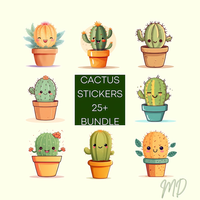 Cute Cactus Stickers Bundle 25+ SVG/PNG, Cute Cactus Art, Cactus ...