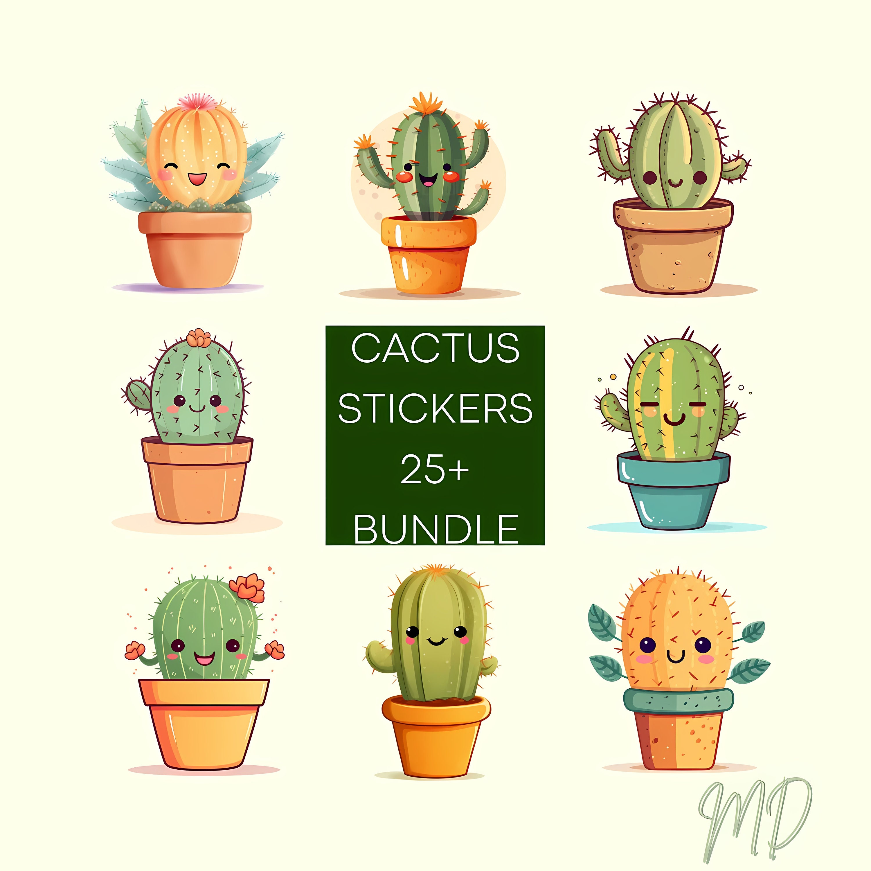 Cute Cactus Stickers Bundle 25+ SVG/PNG, Cute Cactus Art, Cactus ...