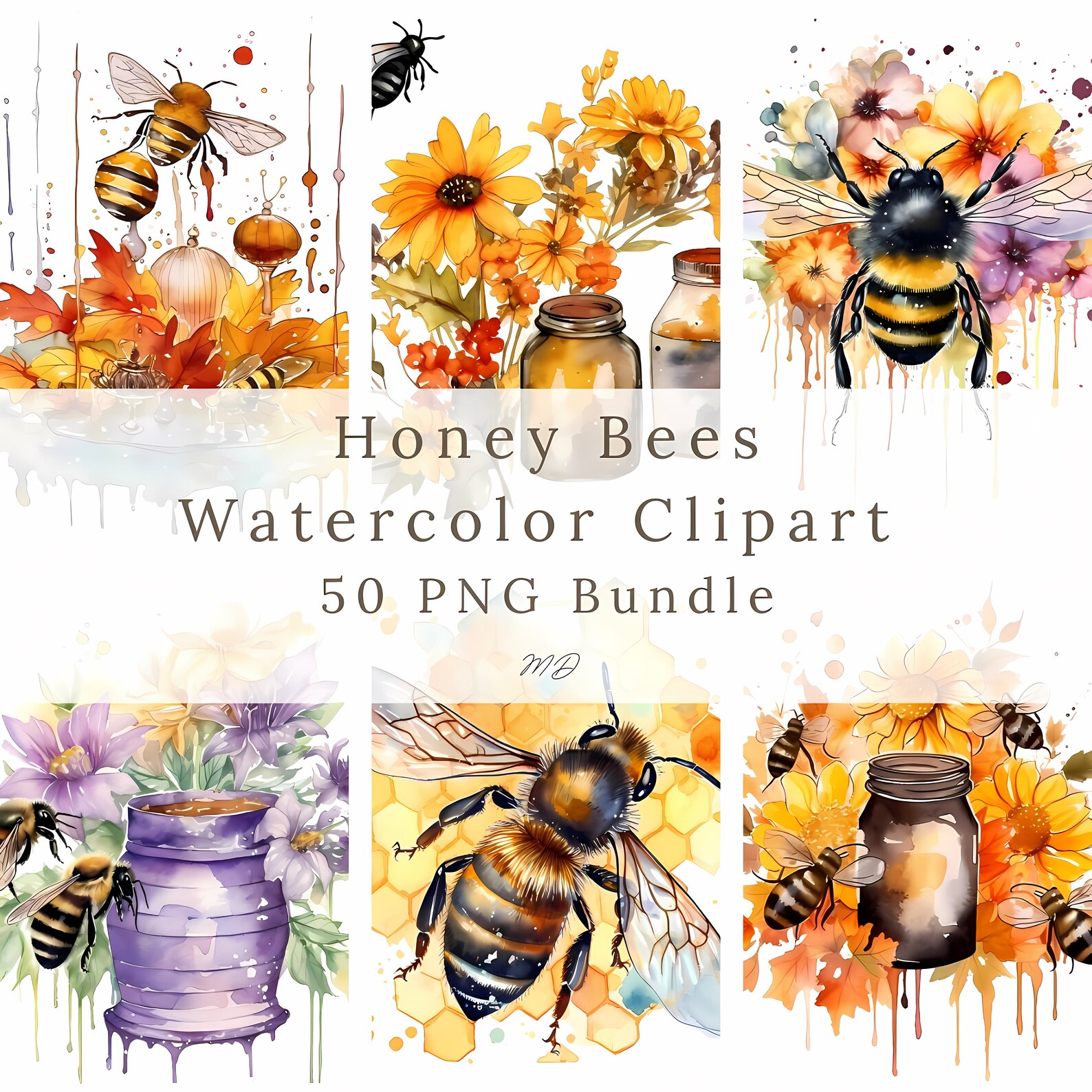 Watercolor Honey Bee Clipart 50 PNG Bundle, Garden Bee and Honey Drips ...