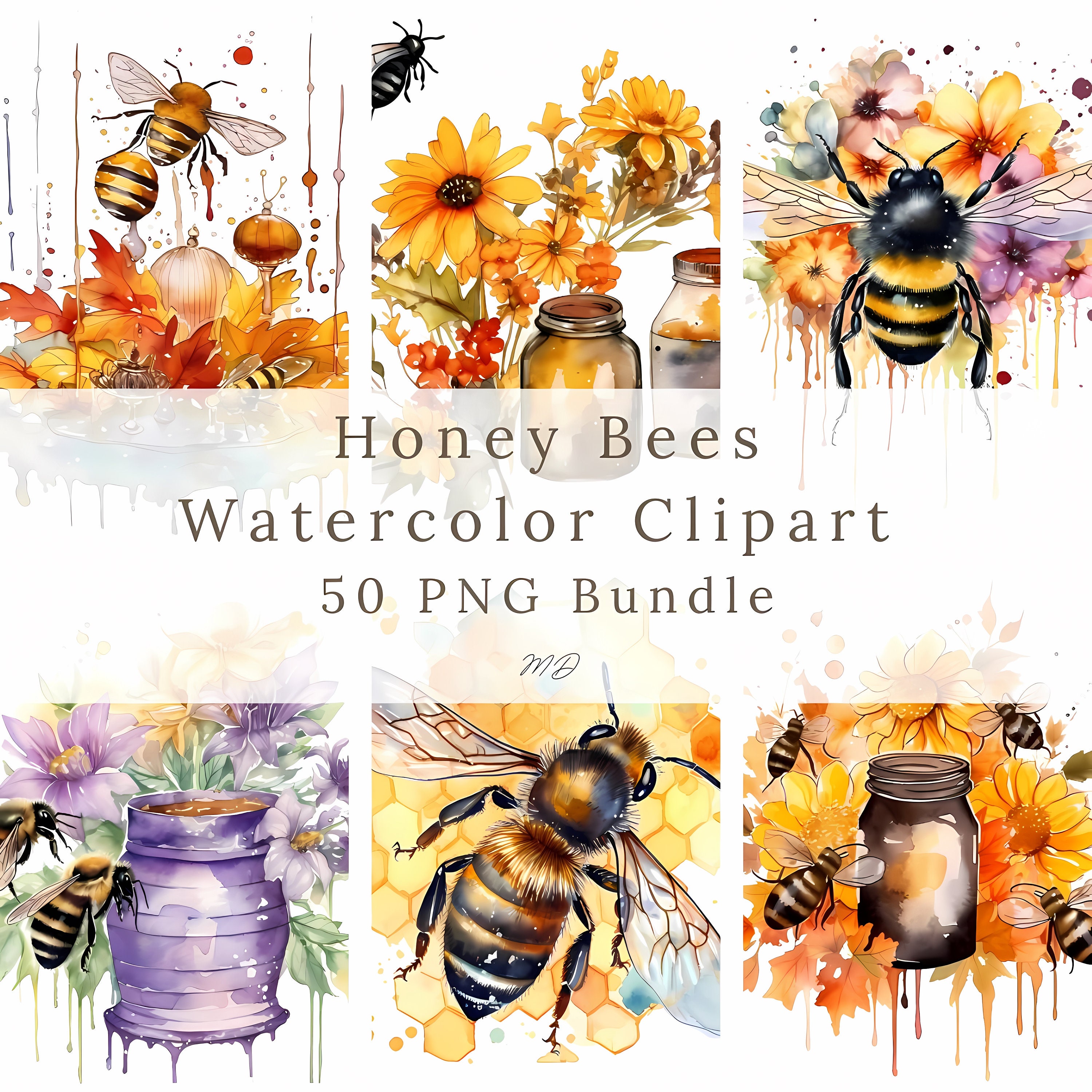 Watercolor Honey Bee Clipart 50 PNG Bundle, Garden Bee and Honey Drips ...