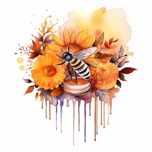Watercolor Honey Bee Clipart 50 PNG Bundle, Garden Bee and Honey Drips ...