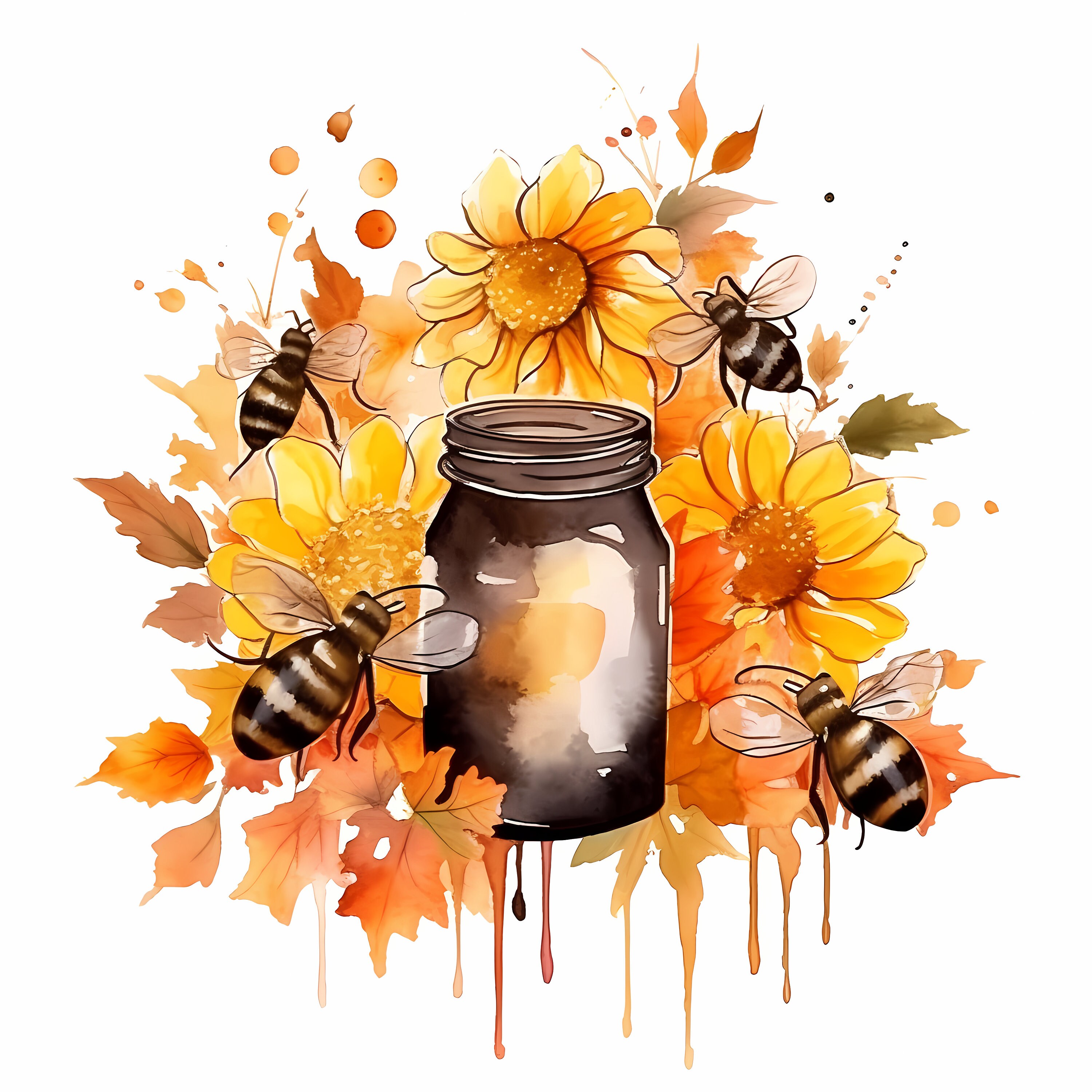 Watercolor Honey Bee Clipart 50 PNG Bundle, Garden Bee and Honey Drips ...