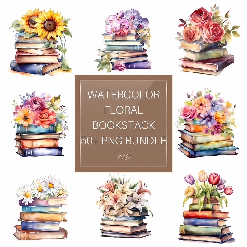 Watercolor Flowers Bookstacks 50+ PNG Clipart Bundle Floral Book ...
