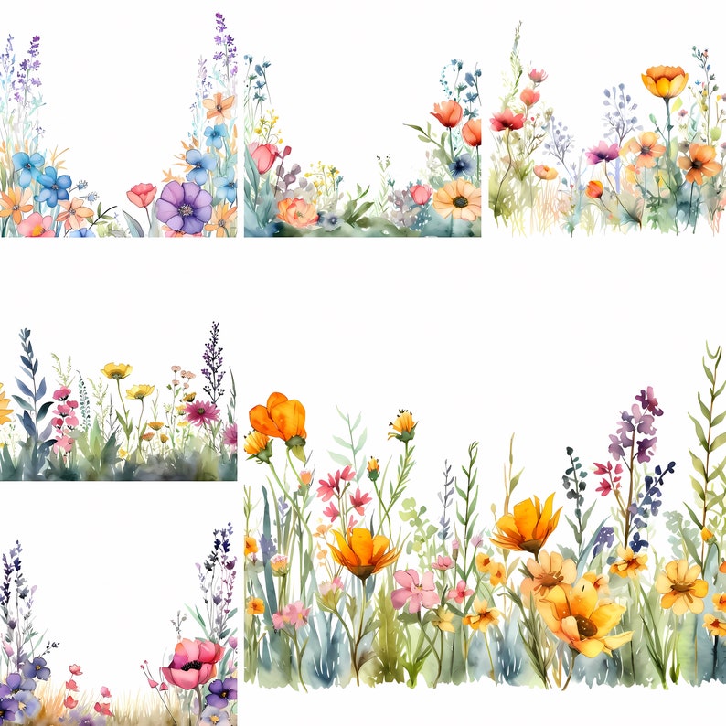 Watercolor Floral Borders Clipart PNG/SVG Bundle, Wild Flowers Art ...