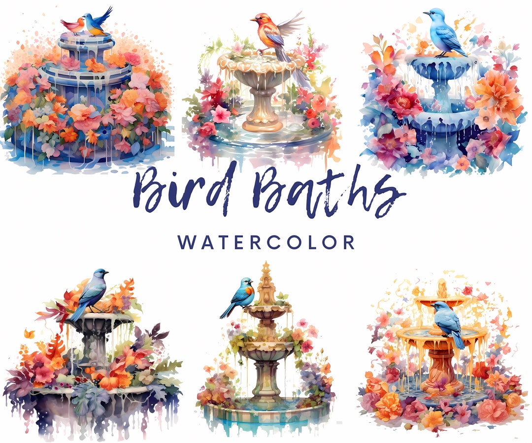 Watercolor Birdbaths Clipart PNG Format Bundle, Cute Springtime Floral ...