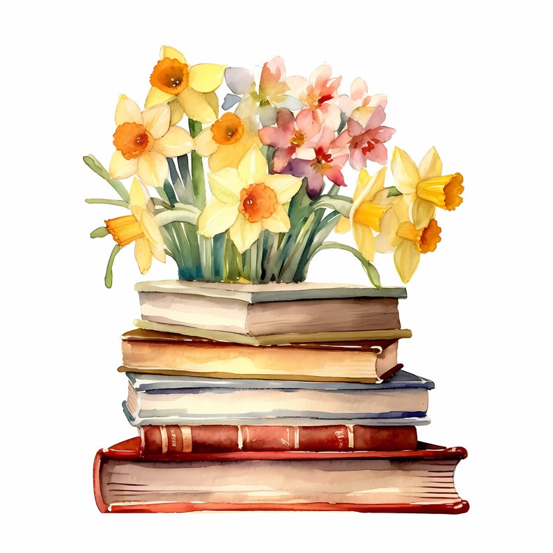 Watercolor Flowers Bookstacks 50+ PNG Clipart Bundle Floral Book ...