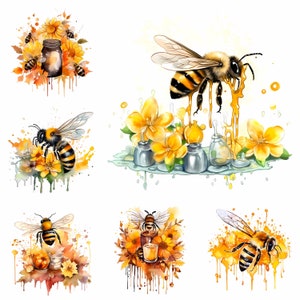 Watercolor Honey Bee Clipart 50 PNG Bundle, Garden Bee and Honey Drips ...
