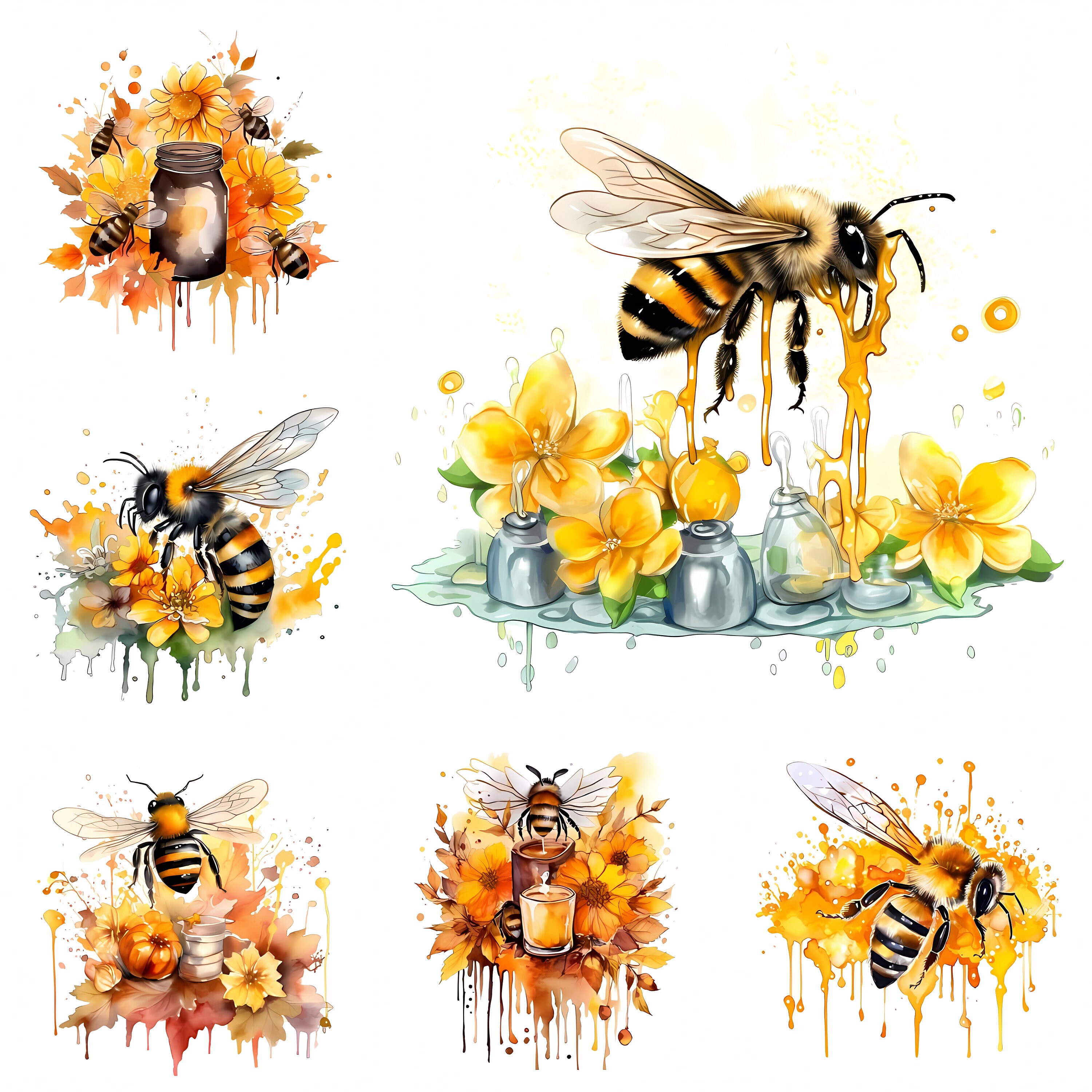 Watercolor Honey Bee Clipart 50 PNG Bundle, Garden Bee and Honey Drips ...