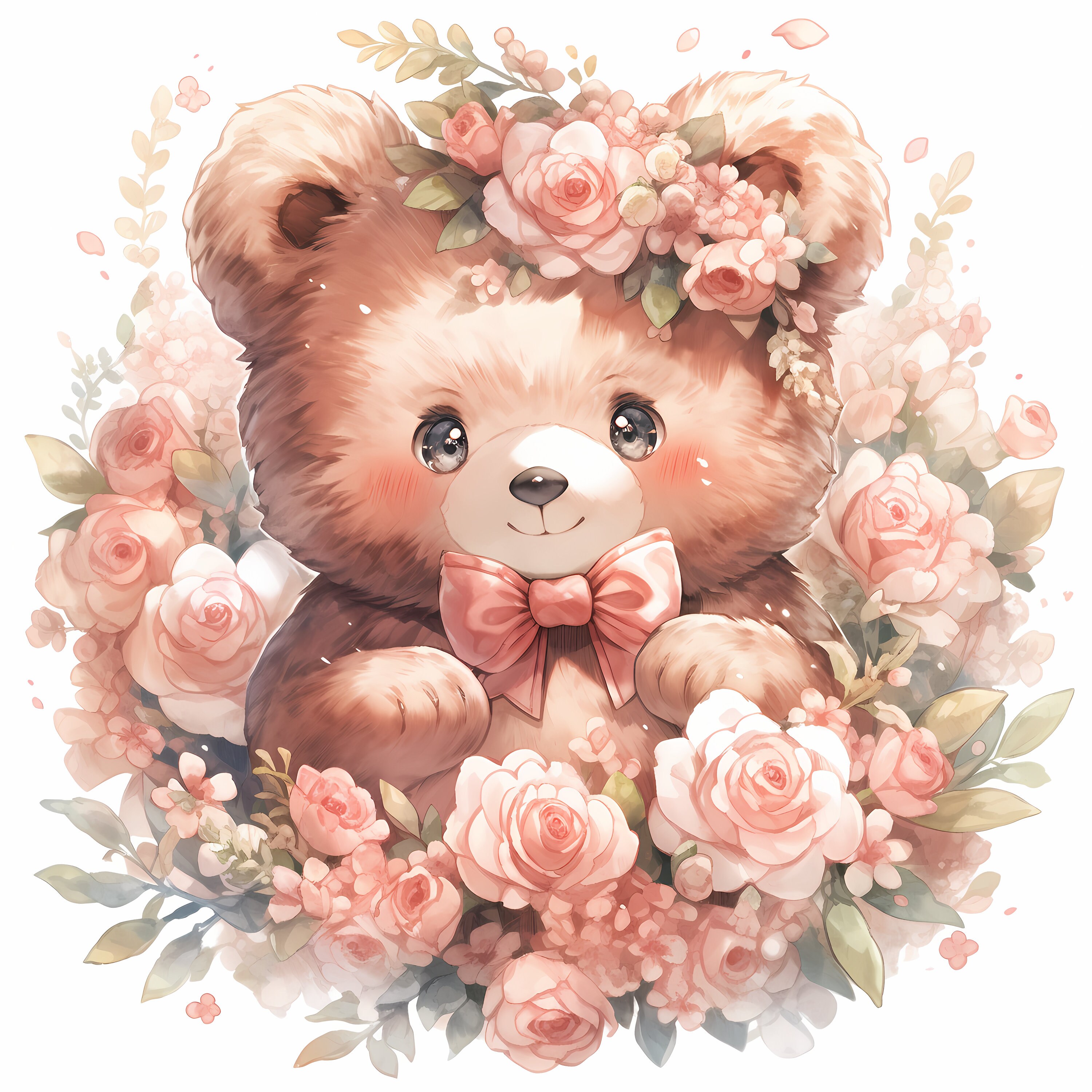 Watercolor Pink Floral Teddy Bear Clip Art Bundle Clipart Pack, Pink ...