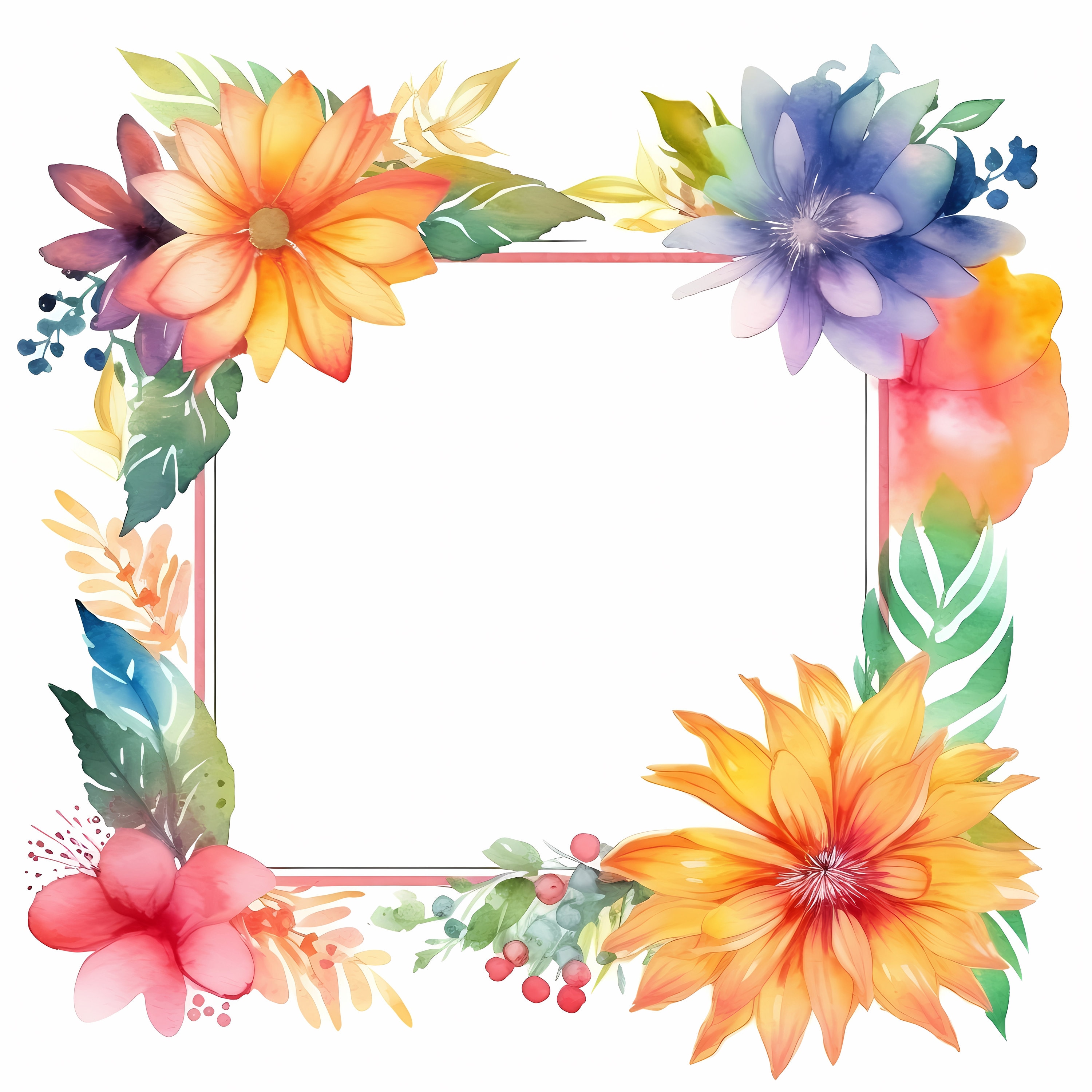 Watercolor Rectangular Floral Rainbow Clipart 35 PNG Bundle - Etsy