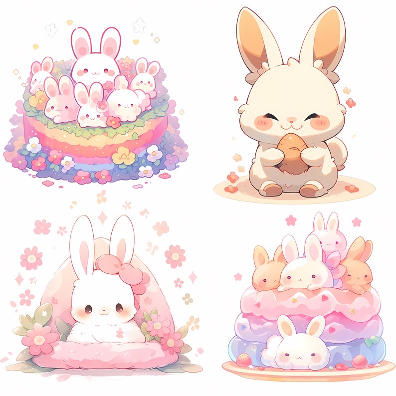 Kawaii Bunny Rabbit Clipart PNG Bundle, Cute Bunnies Clipart Sticker ...