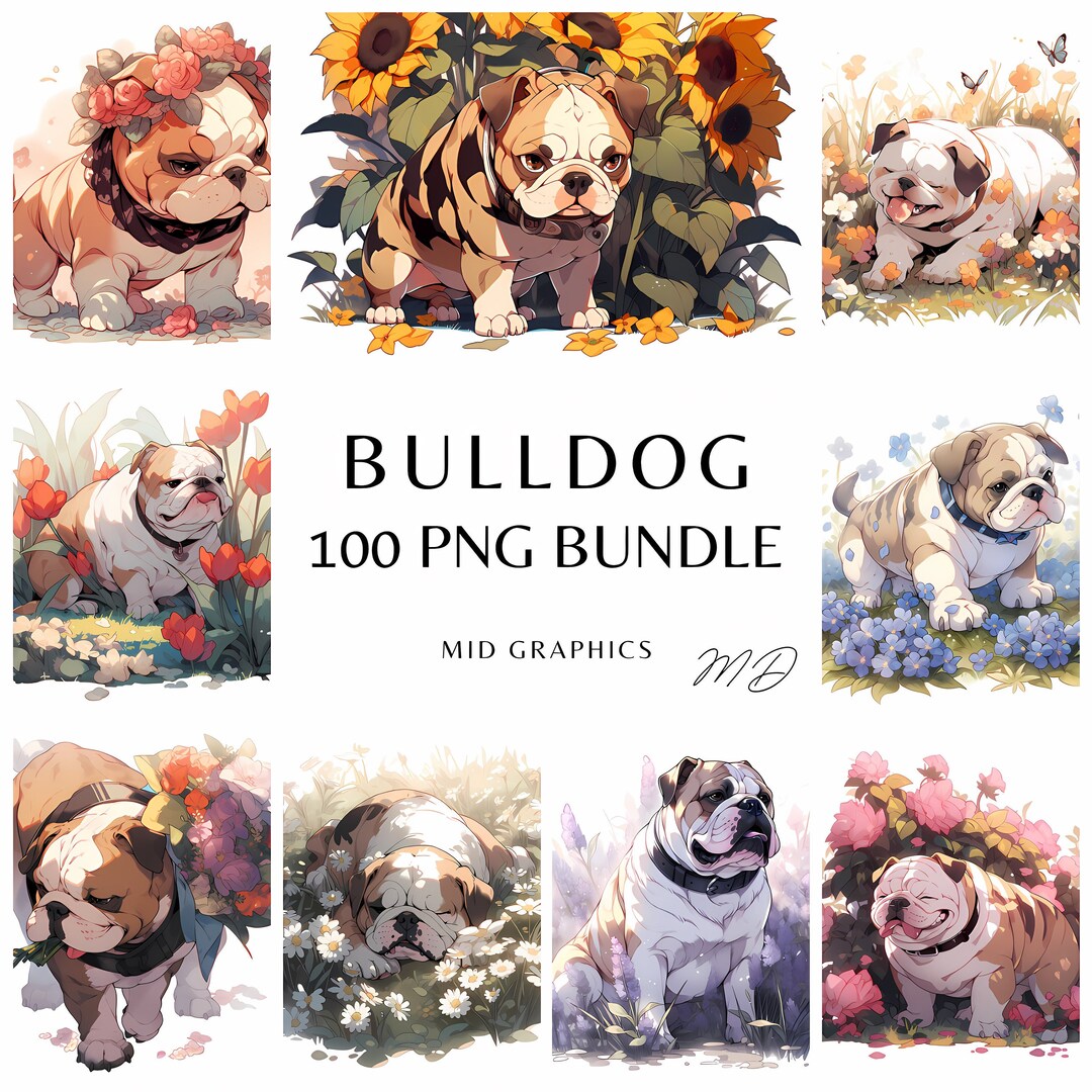 Bulldog Dog Clipart Bundle 100 PNG, Dog Clipart, Floral Dog Art, Dog ...