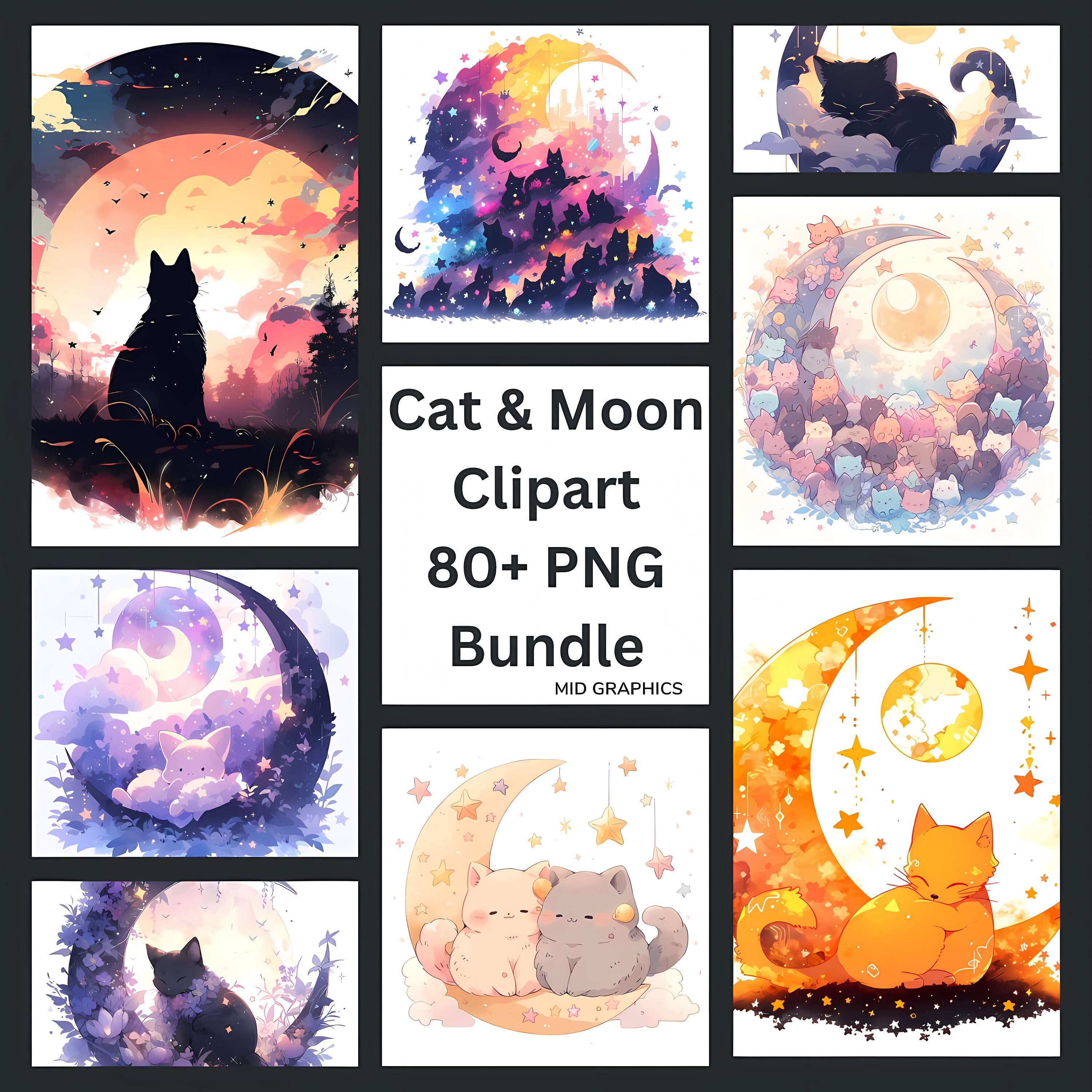 Moon Night Cat Clipart Bundle 80 PNG Bundle Kitten Clipart - Etsy