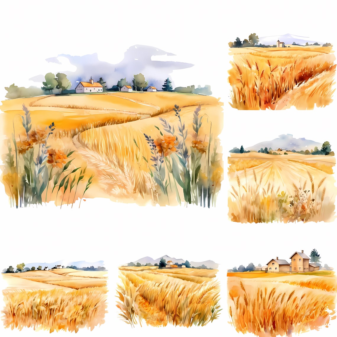 Watercolor Wheat Fields Clipart PNG Bundle, Watercolor Summer Wheat ...