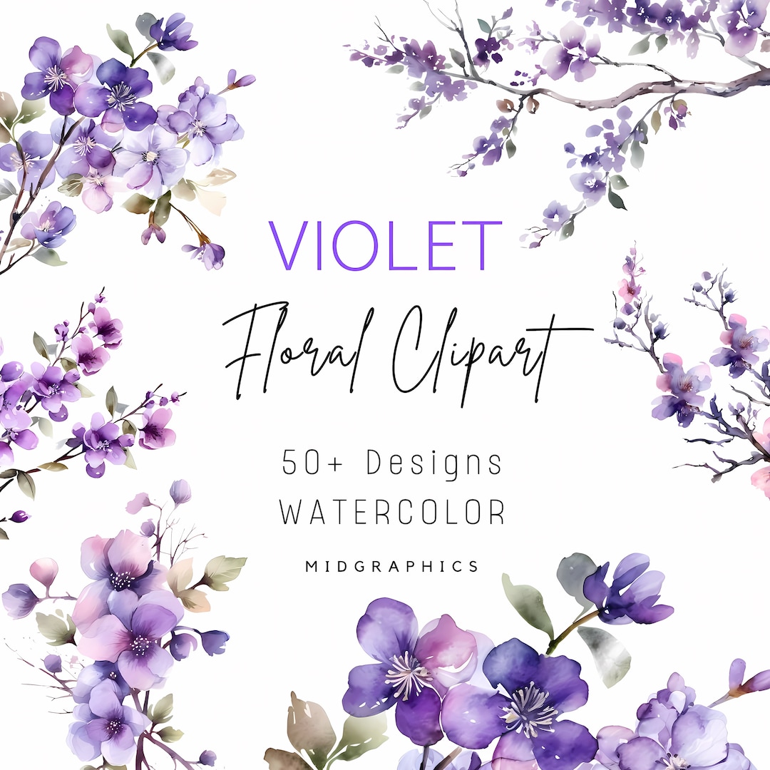 Watercolor Violet Floral Clipart 50+ PNG Bundle, Wedding Clipart ...