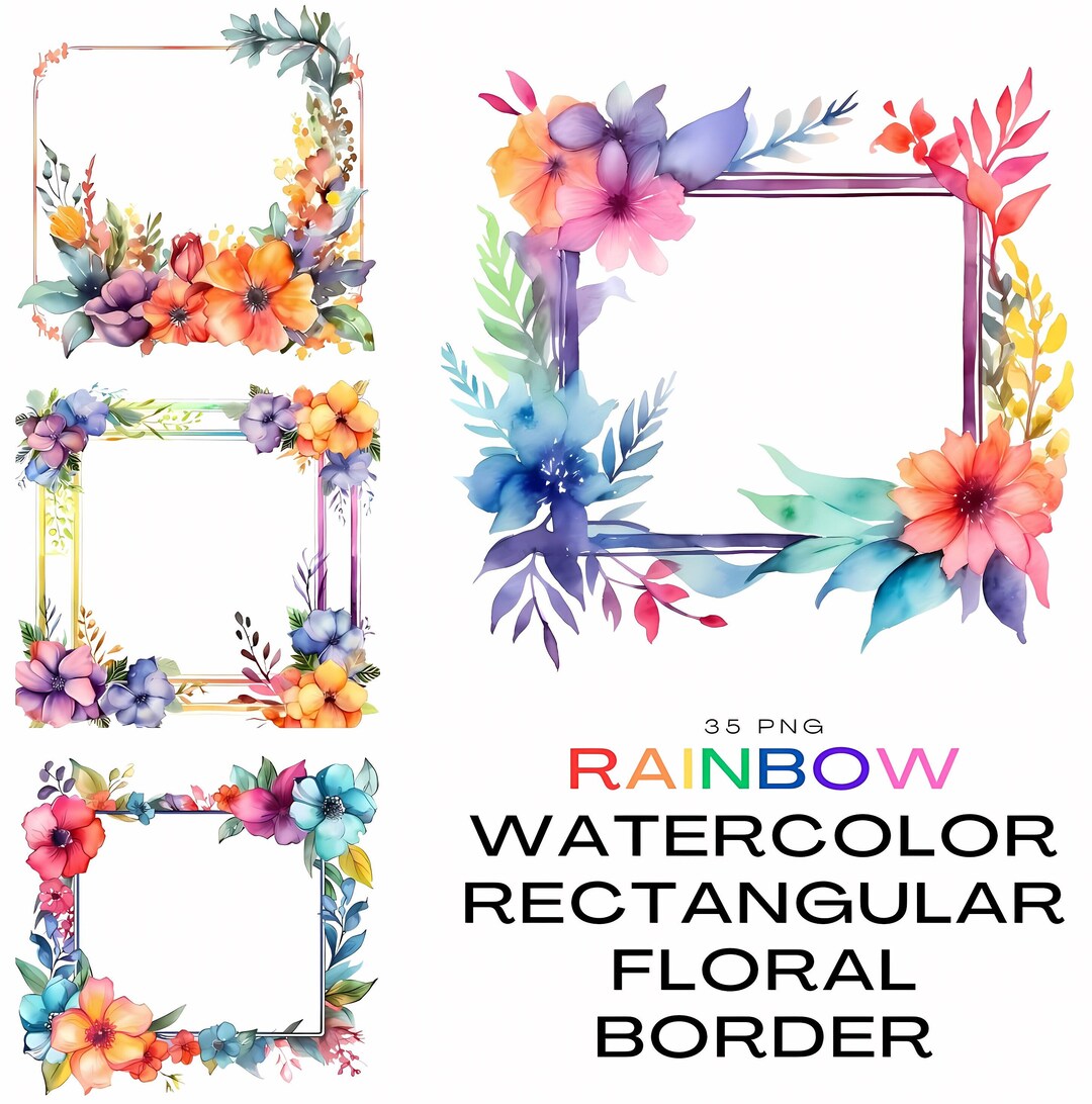 Watercolor Rectangular Floral Rainbow Clipart 35 PNG Bundle, Wedding ...
