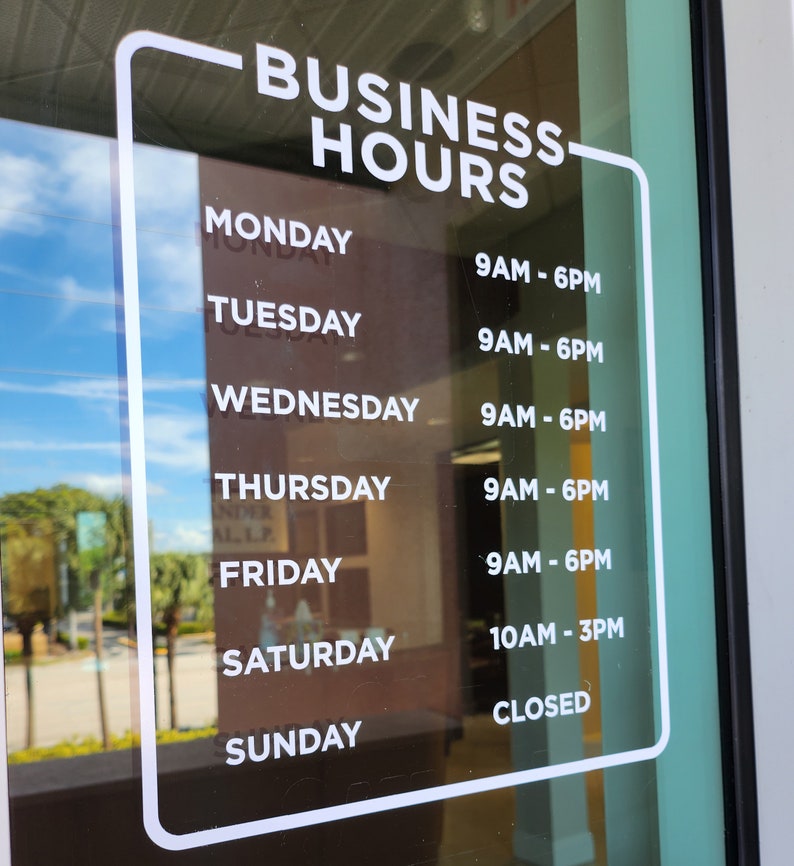 Custom Store Hours Vinyl Decal: Restaurant Window Sign, 8-10yr Outdoor ...