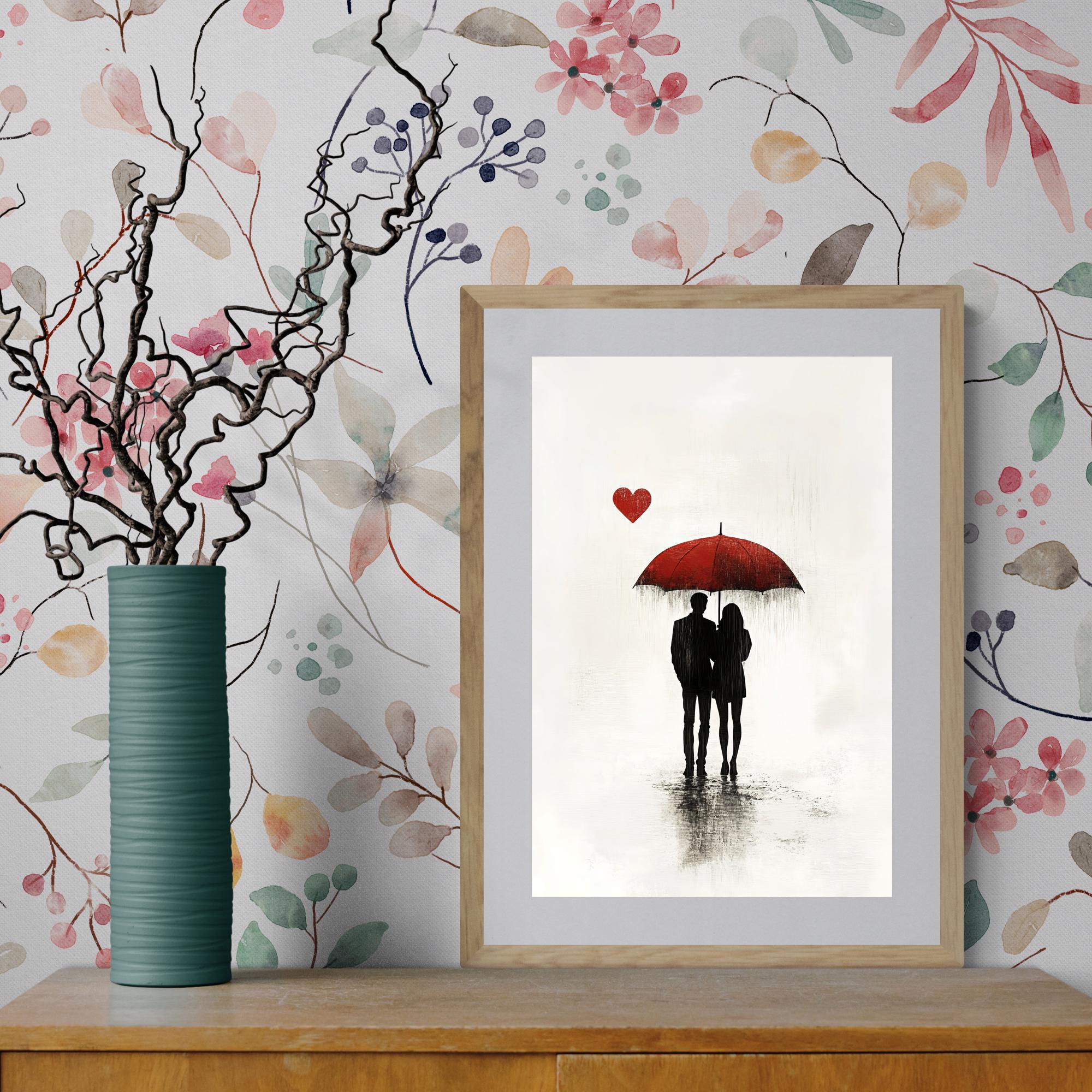 Romantic Couple Under Red Umbrella Digital Download Print Minimalistic ...